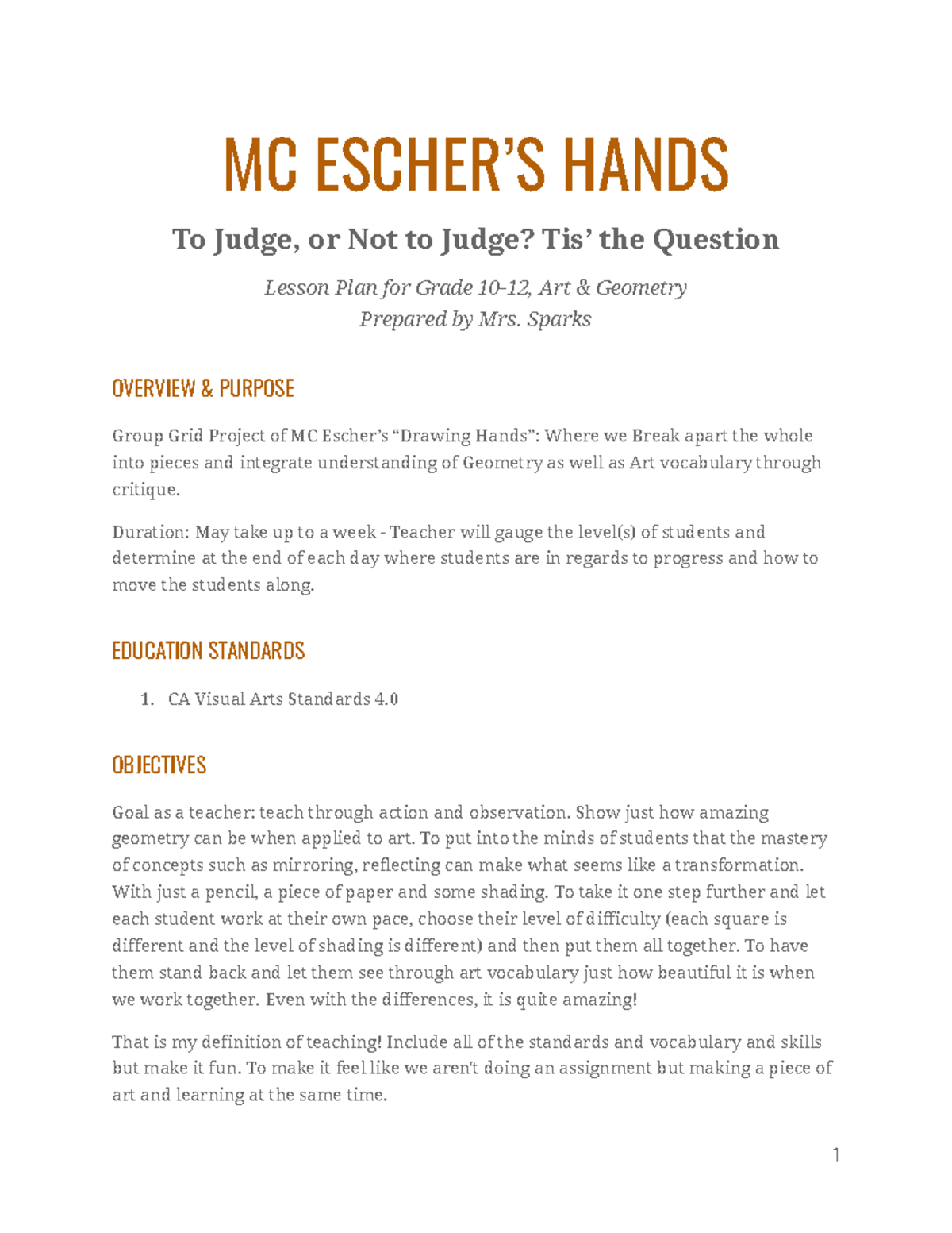 Critiqueing MC Eschers Drawings Hands - Visual Arts Lesson Plan with ...