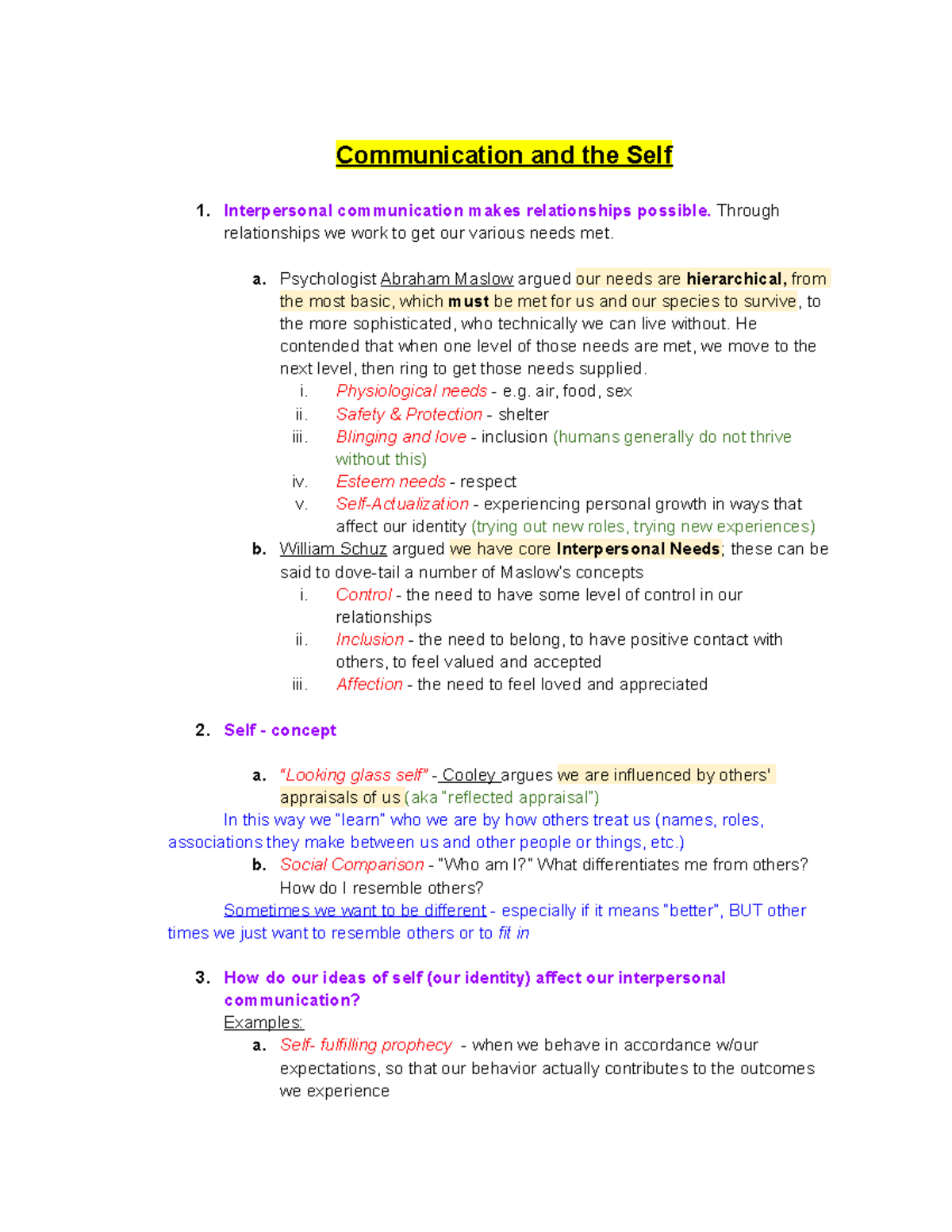 Interpersonal Comm Notes 2 - Communication and the Self Interpersonal ...
