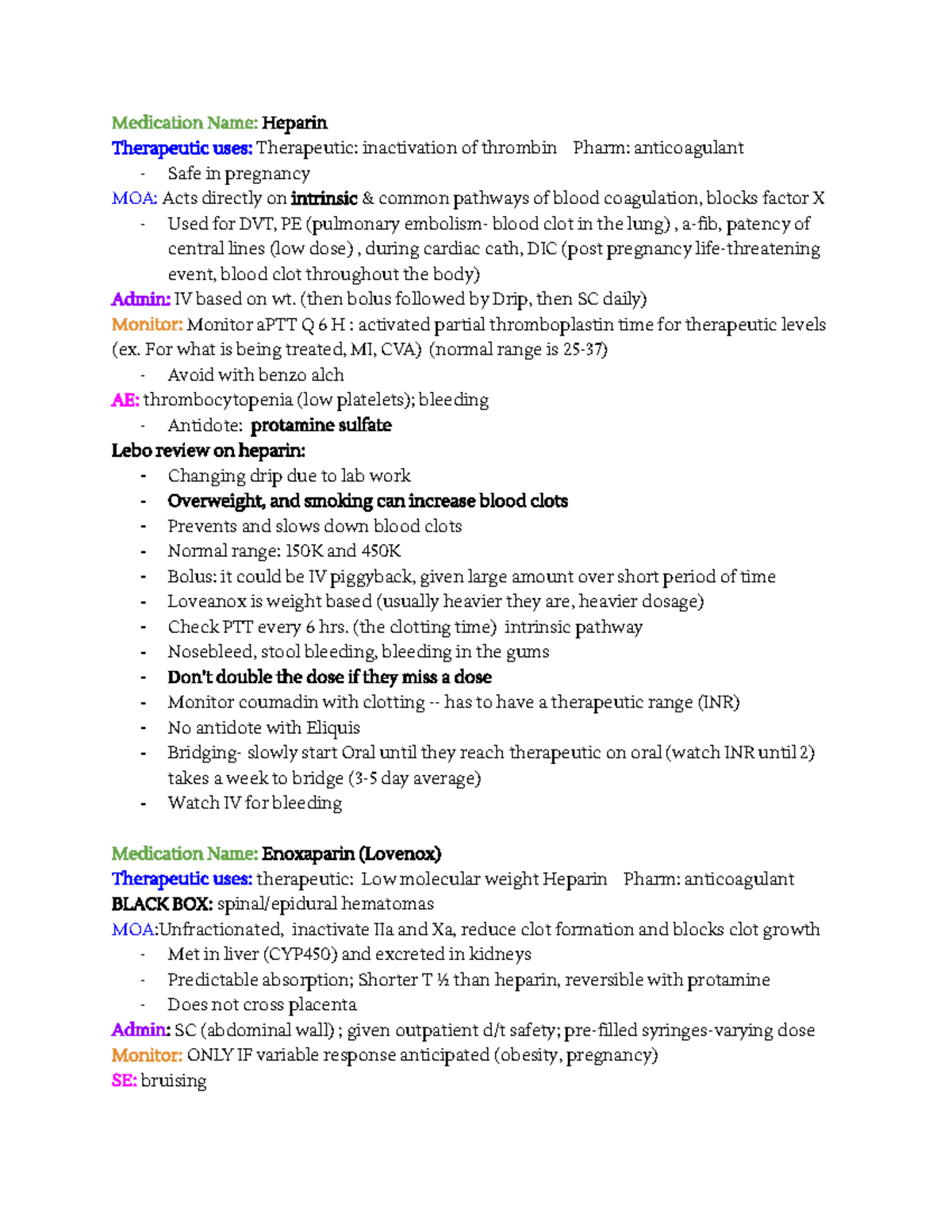 Anticoagulant drugs - Drug class summary - Medication Name: Heparin ...
