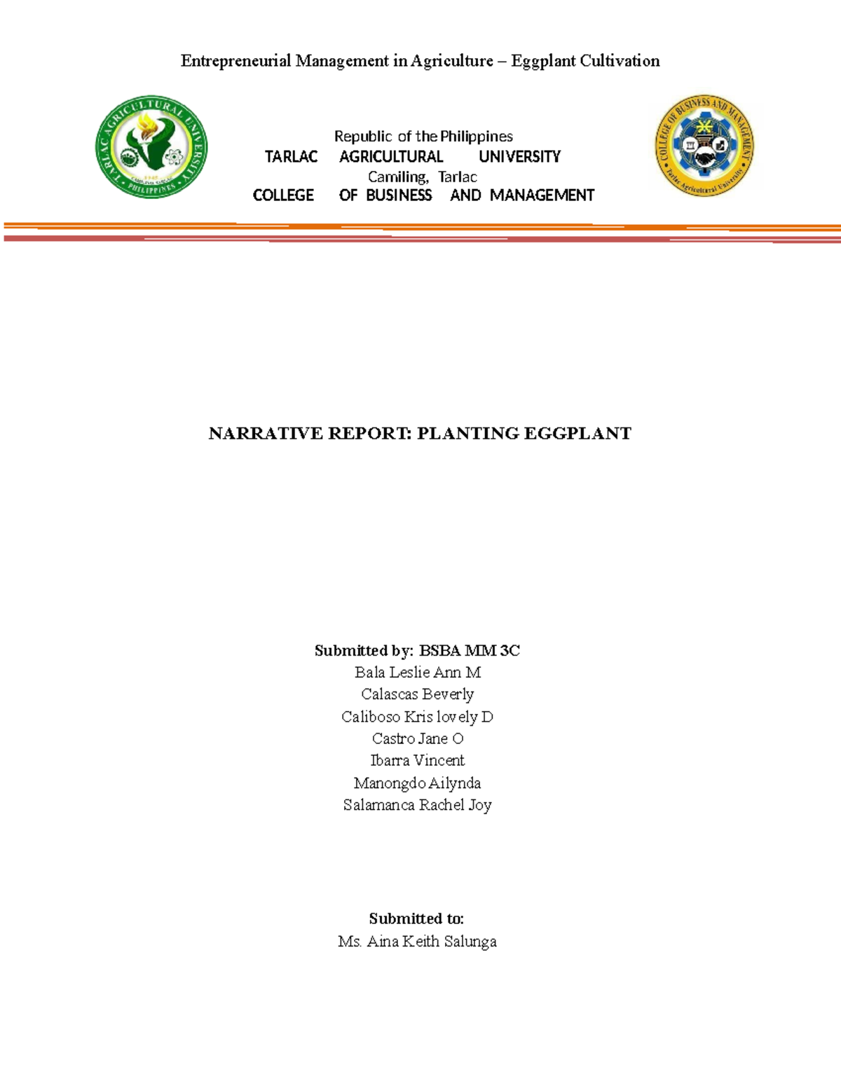 Talong Group Narrative Report - NARRATIVE REPORT: PLANTING EGGPLANT ...