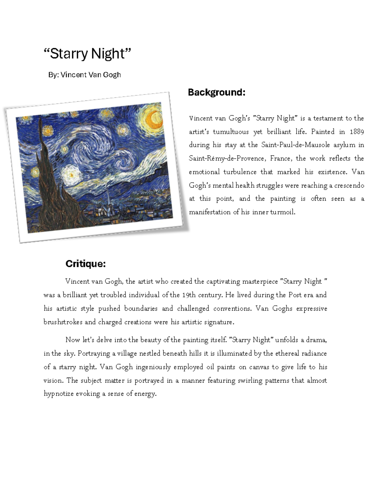 Starry Night - “Starry Night” By: Vincent Van Gogh Background: Critique ...