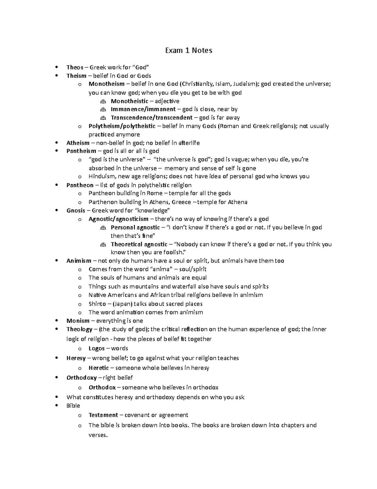 Exam 1 Notes - Exam 1 Notes Theos – Greek work for “God” Theism ...