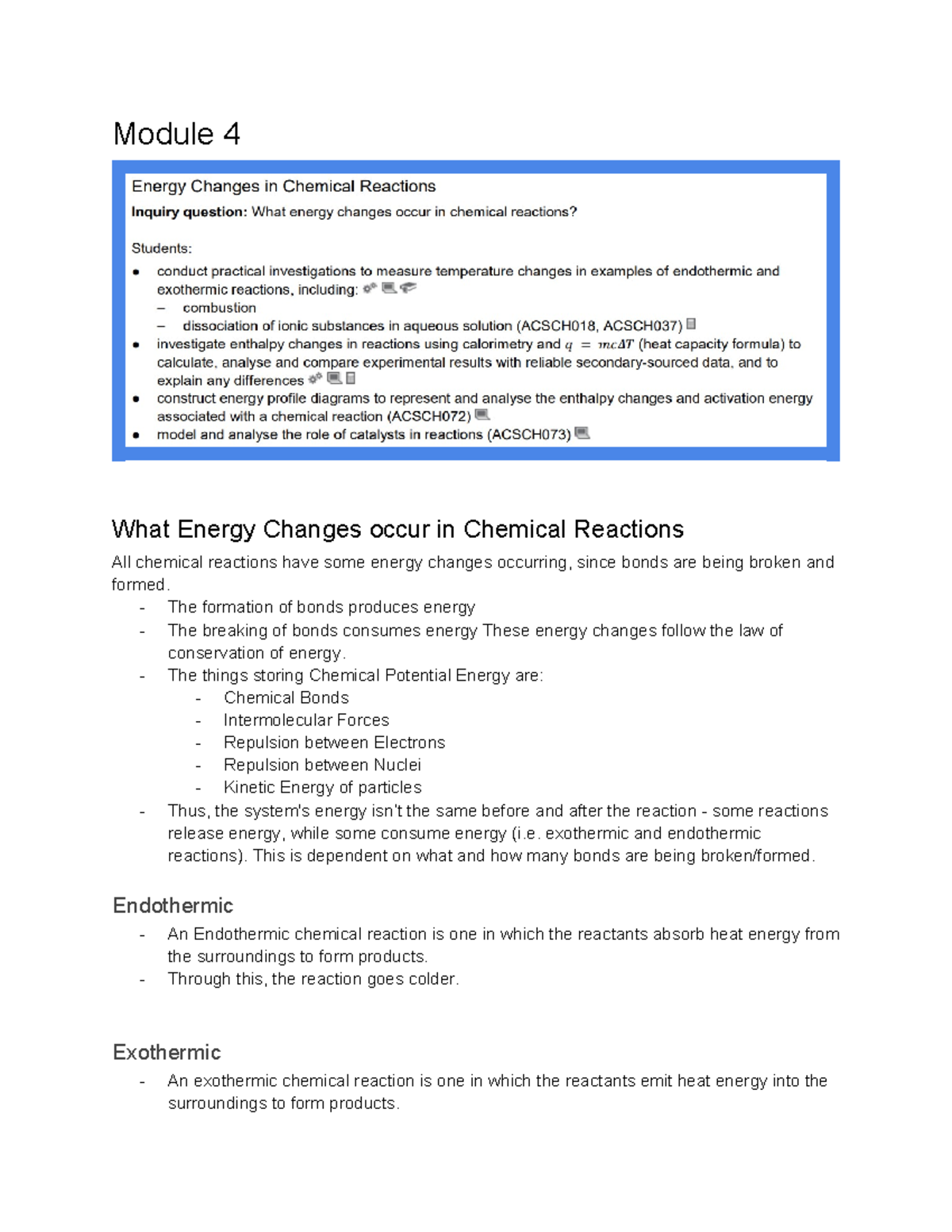 Module 4 Chem - Notes for mod 4 - Module 4 What Energy Changes occur in ...