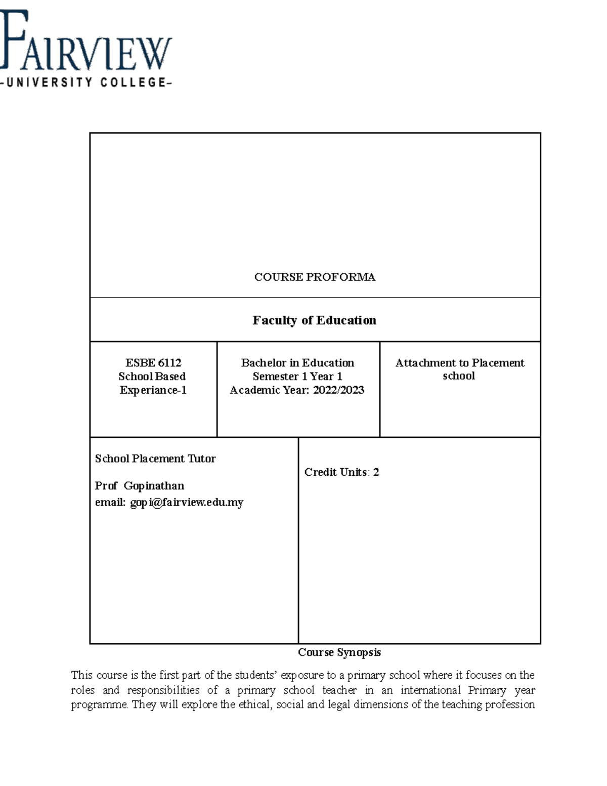 Updated Course proforma ESBE 6113 school based experinace-1 - Course ...