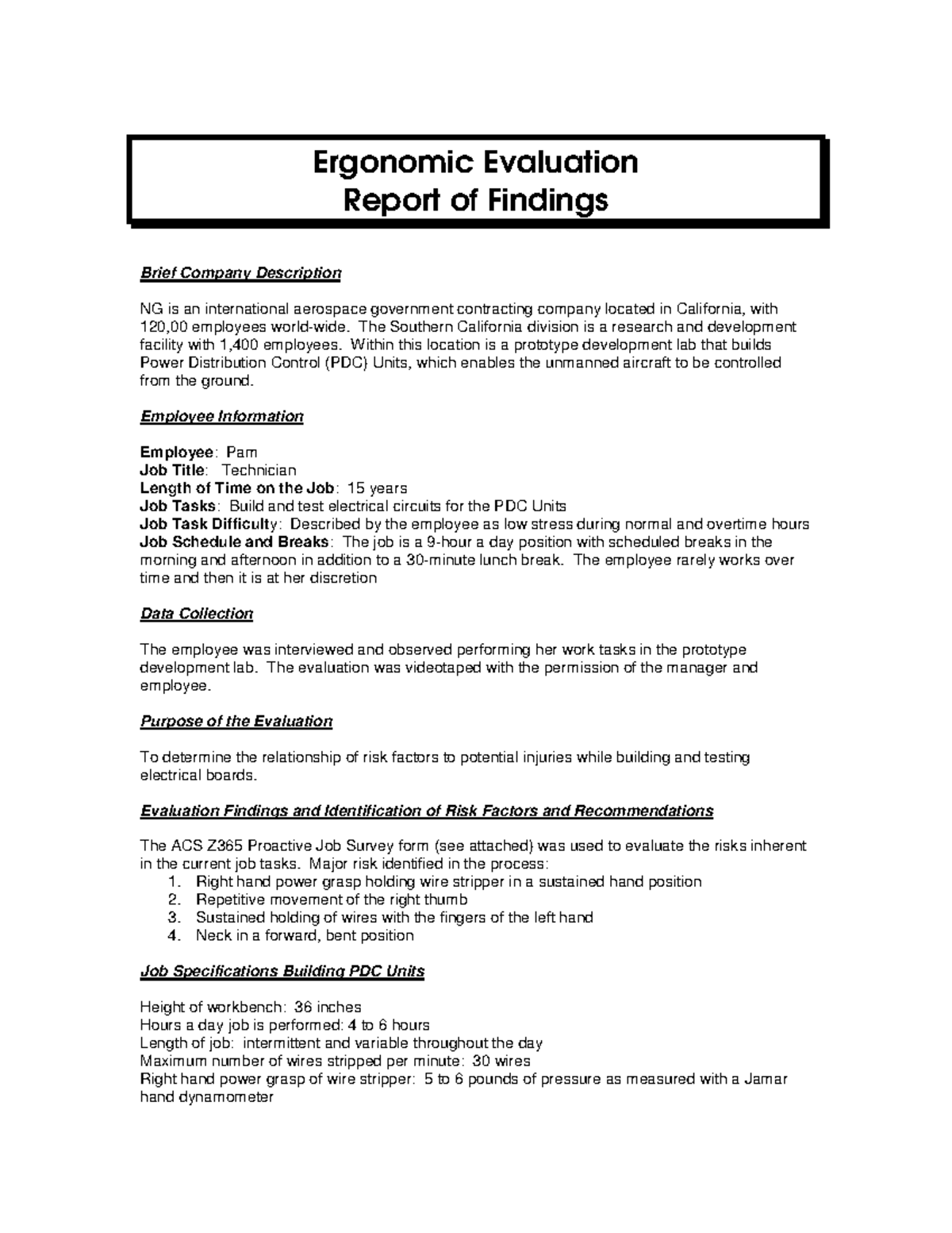 Ergonomic Evaluation Report Example Non Software Laboratory - Ergonomic Evaluation Report of ...