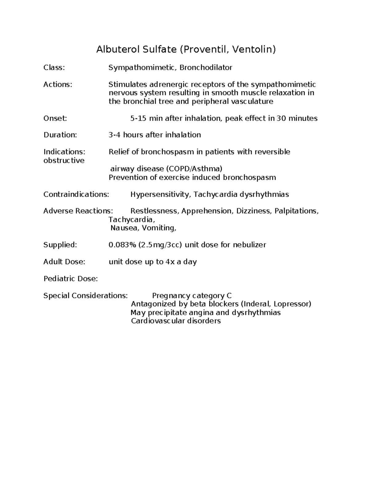 Albuterol - sag - Albuterol Sulfate (Proventil, Ventolin) Class ...