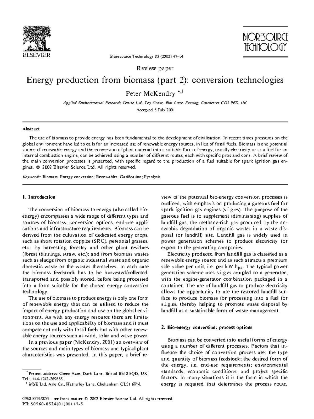 Energy production from biomass part 2 conversion technologies - Review ...