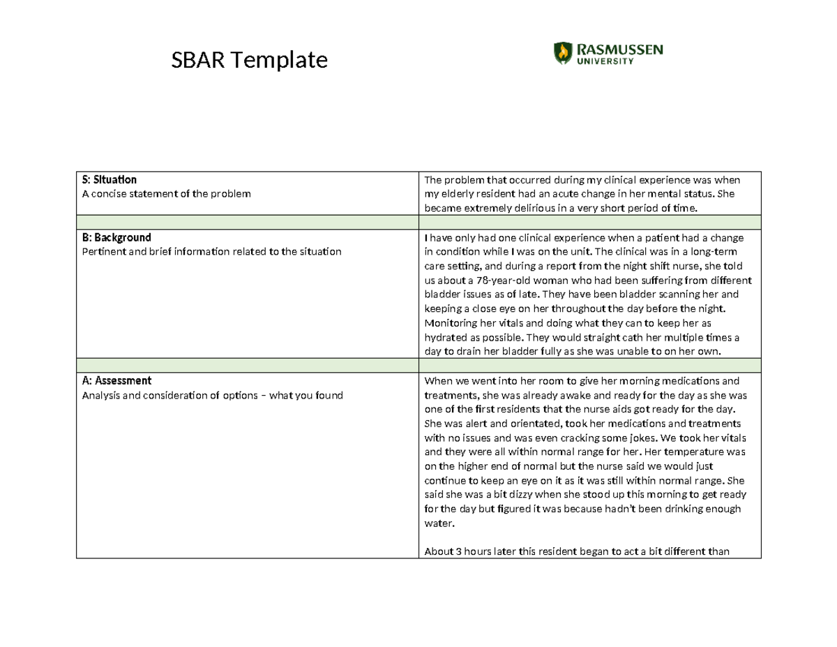 SBAR Template - SBAR - SBAR Template S: Situation A concise statement ...