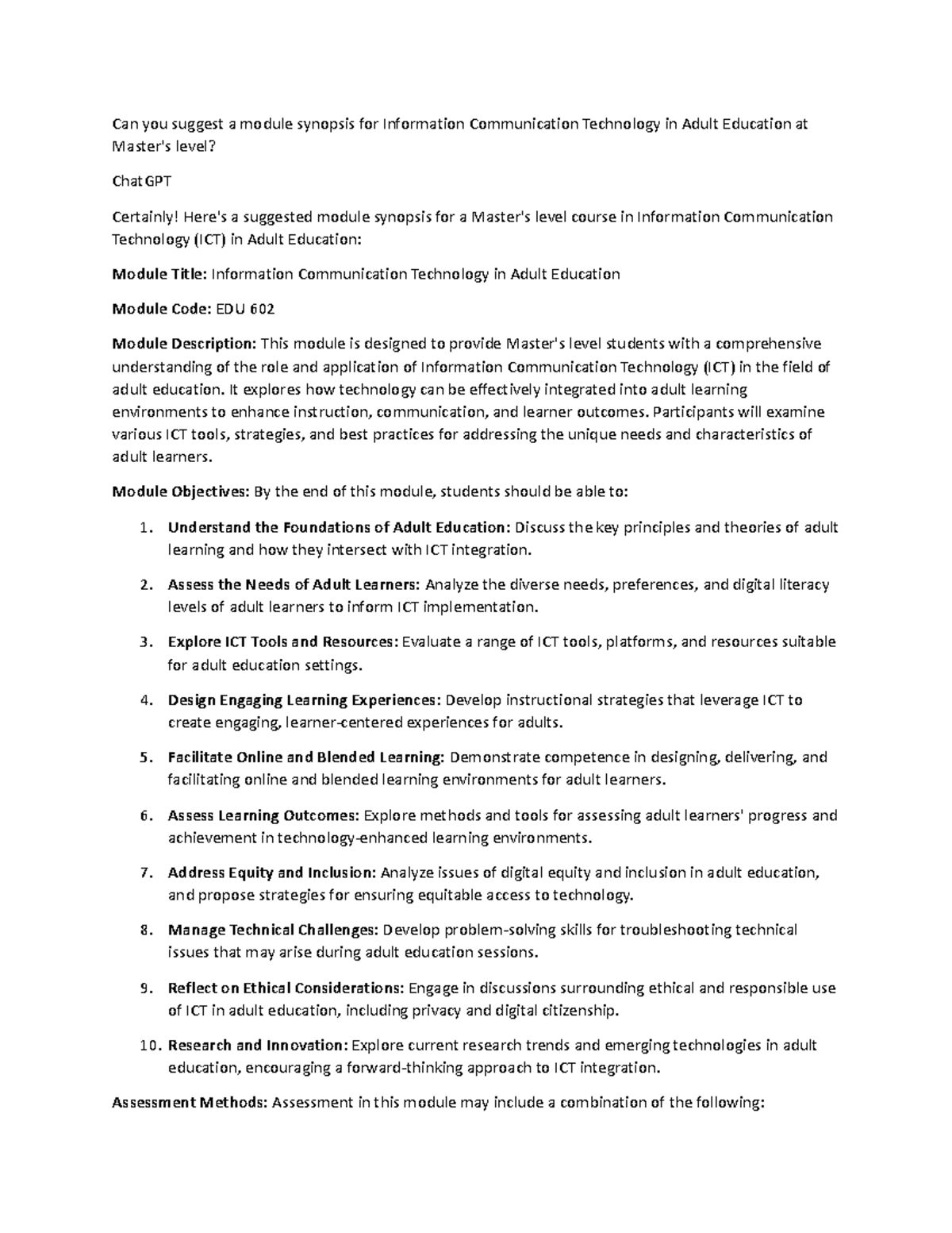 Adult Education Module - Can you suggest a module synopsis for ...