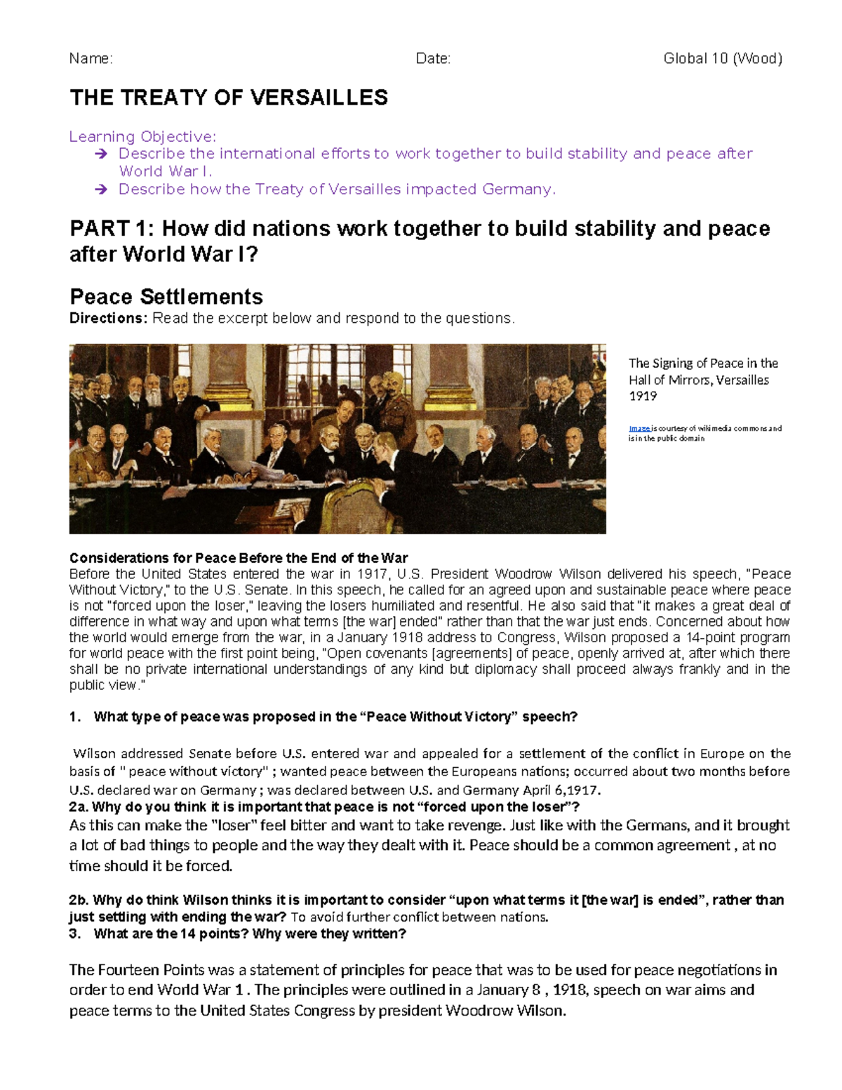 Treaty of Versailles Activity - Name: Date: Global 10 (Wood) THE TREATY ...