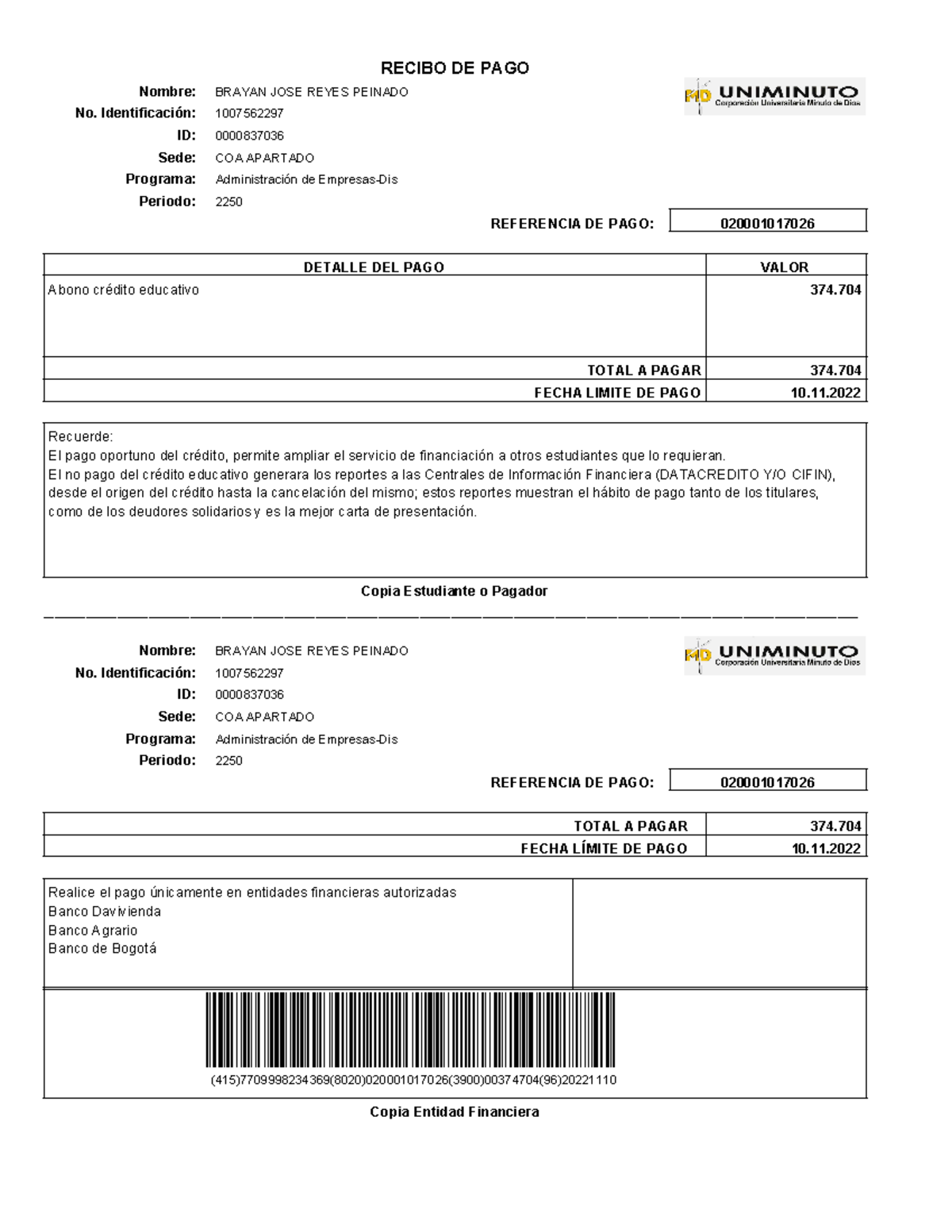 Brayan 3 - ejercicios - RECIBO DE PAGO Nombre: BRAYAN JOSE REYES PEINADO No. Identificación ...