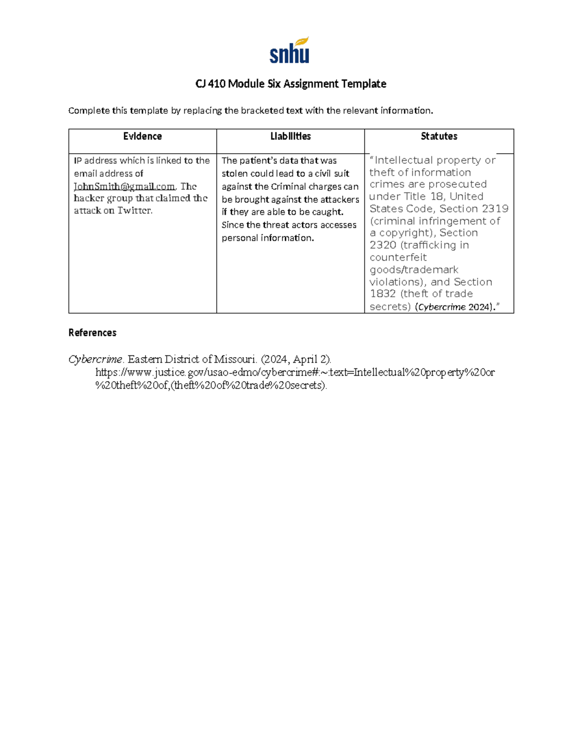 CJ 410 Module Six Assignment - Evidence Liabilities Statutes IP address ...