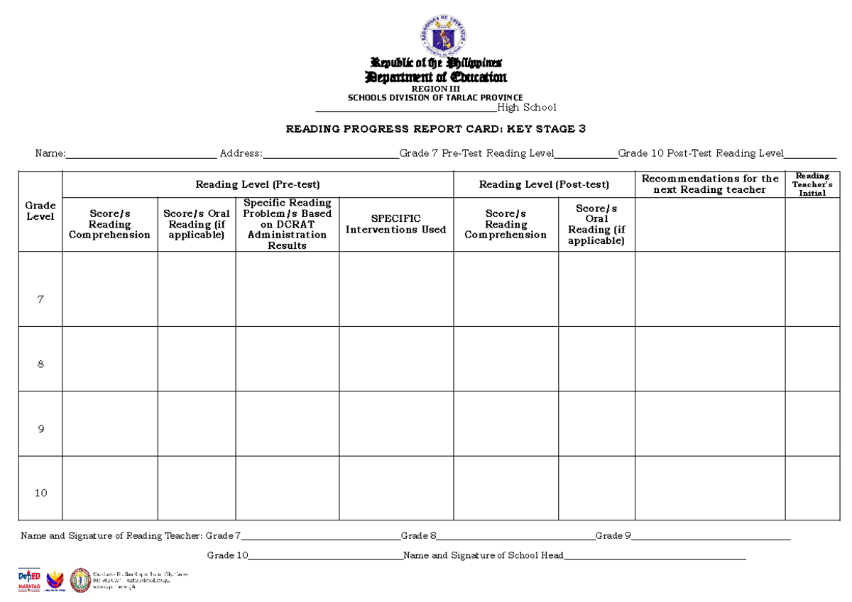 Reading Progress Report CARD - Department of Education REGION III ...