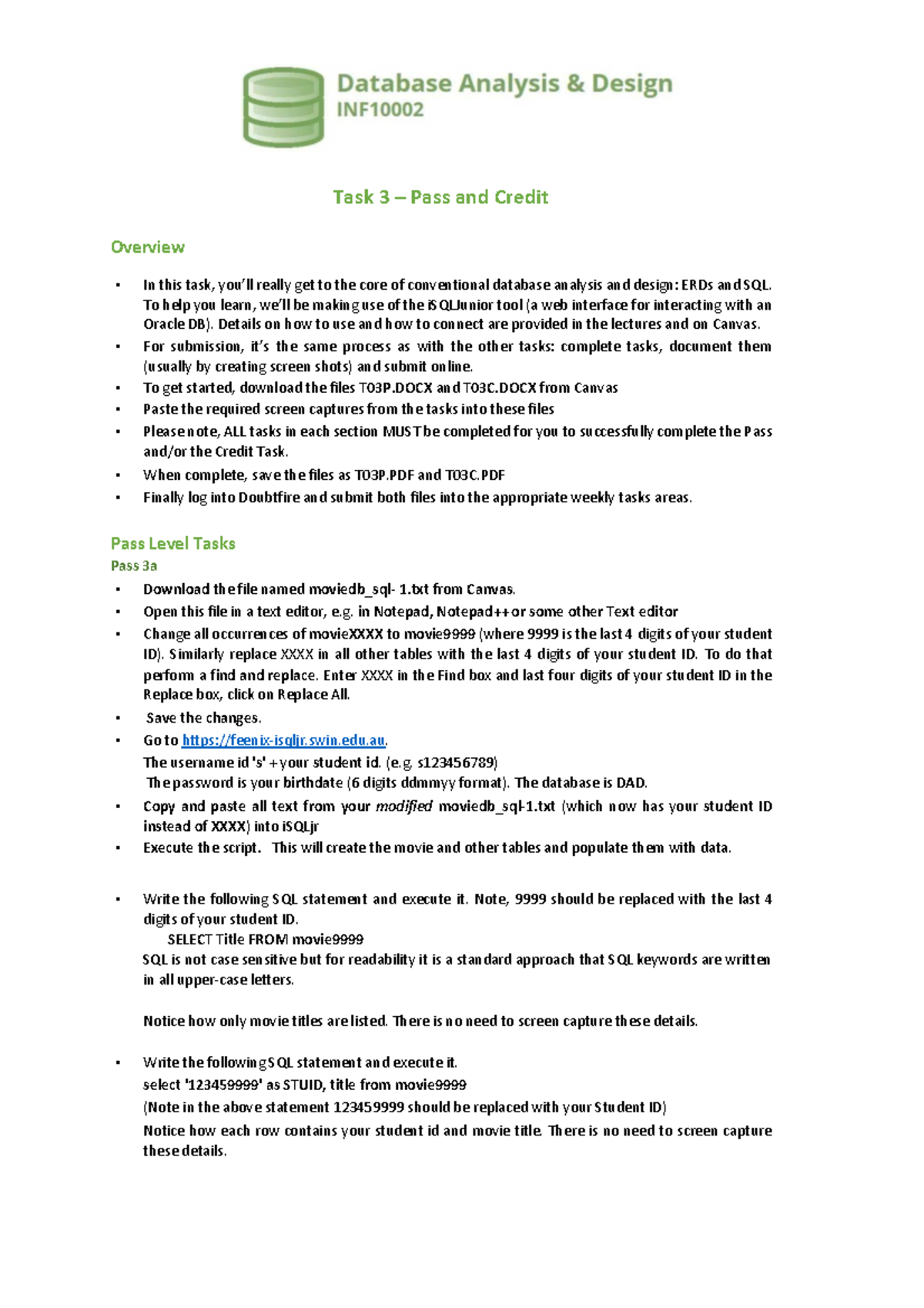 INF10002 Tasks 03 - .... - Task 3 – Pass and Credit Overview In this ...