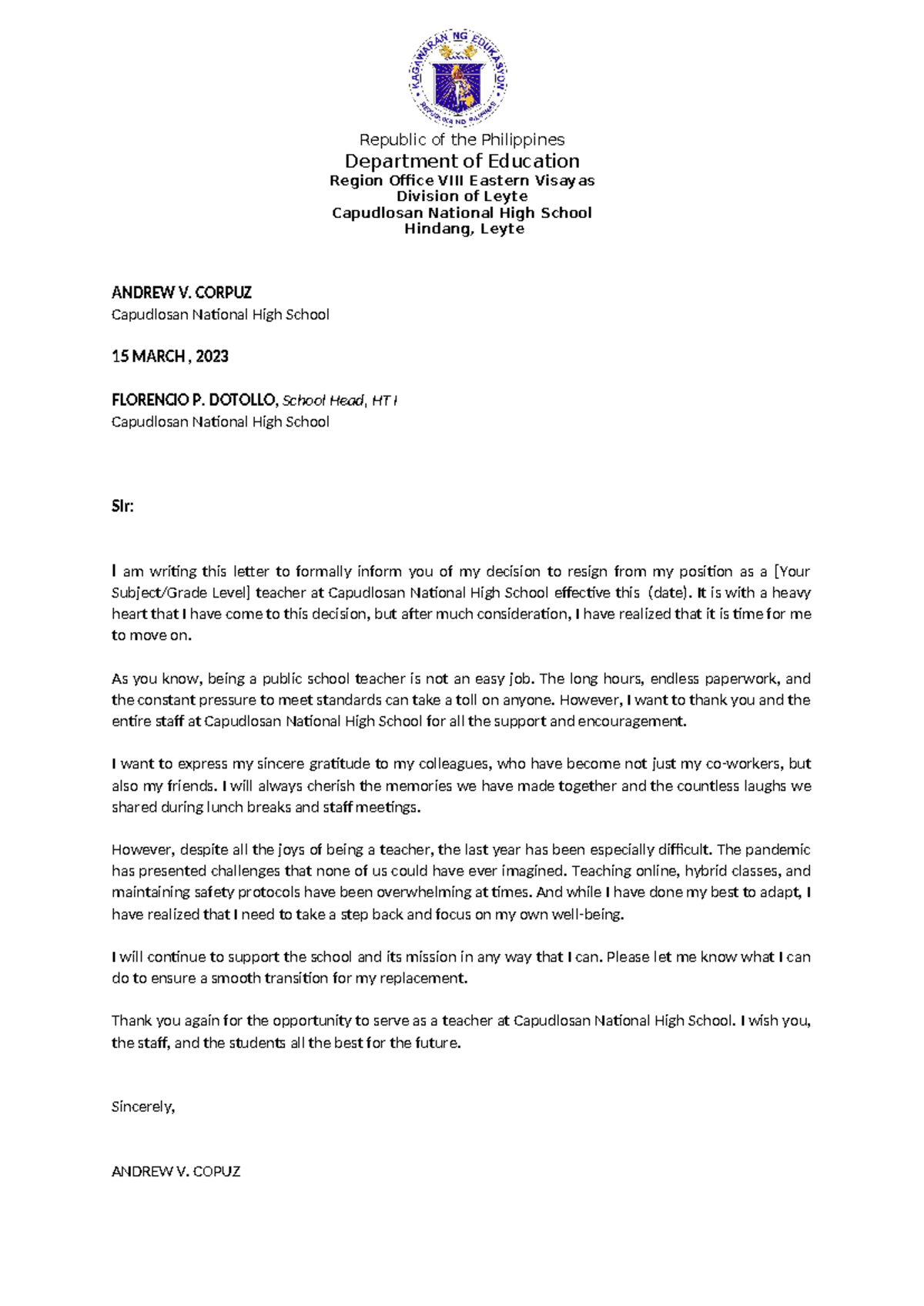 resignation letter - Republic of the Philippines Department of ...