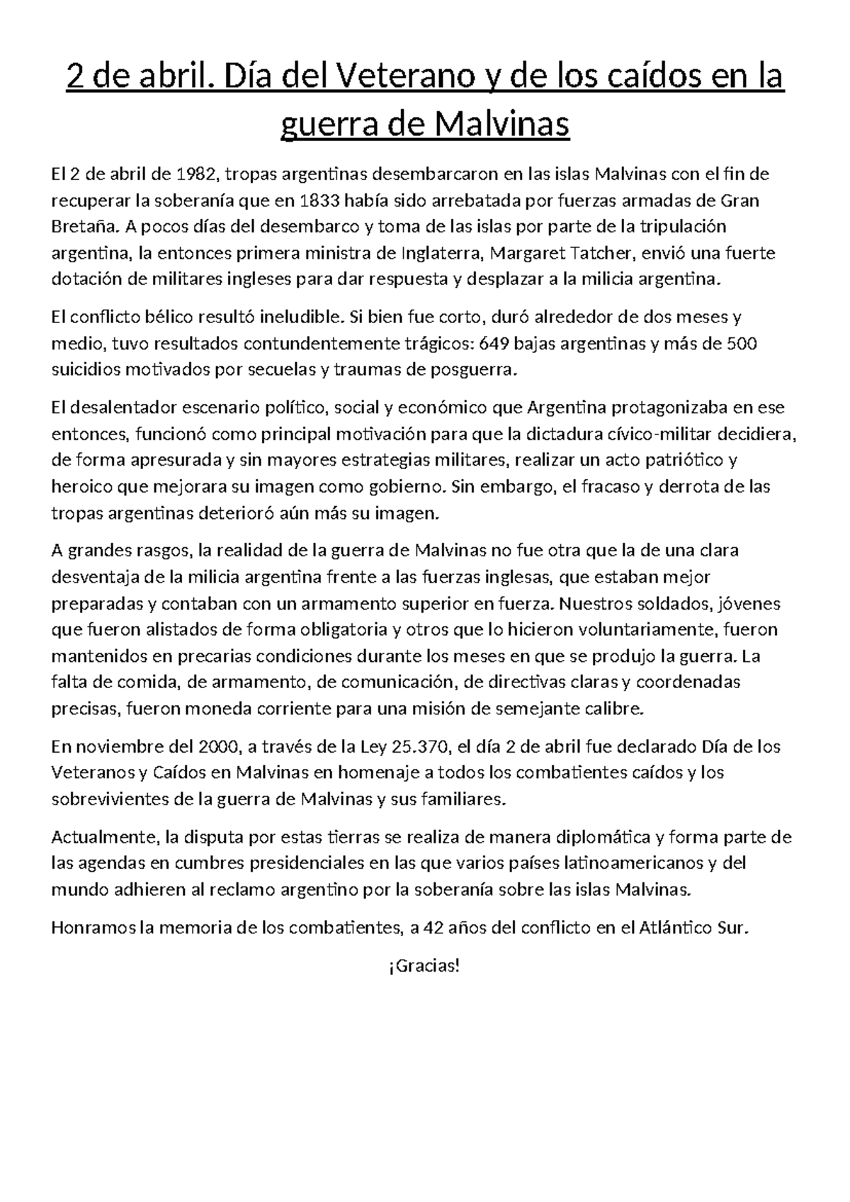 Discurso 2 abril - 2 de abril. Día del Veterano y de los caídos en la ...