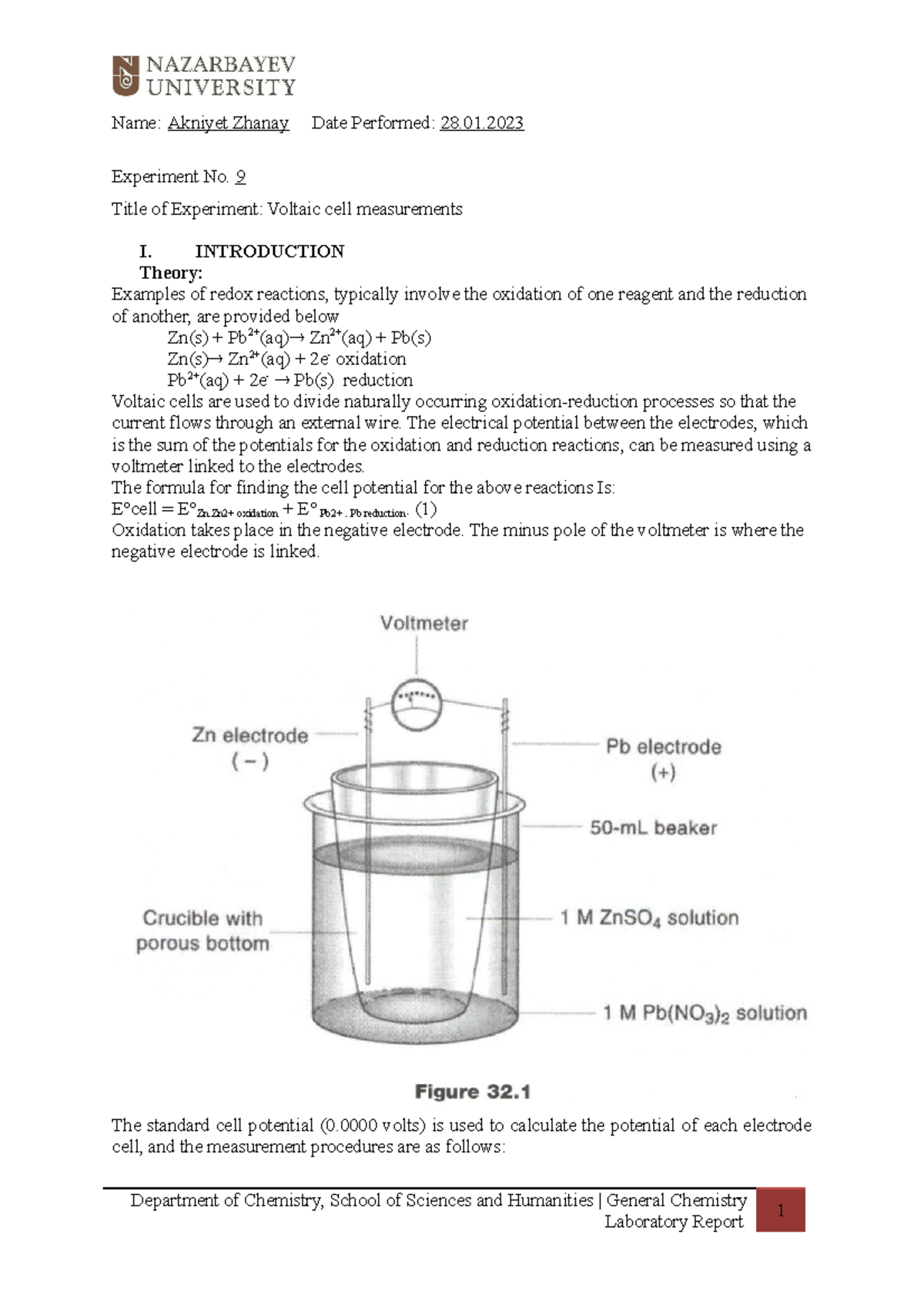Chem lab report 9 - chem lab - Name: Akniyet Zhanay Date Performed: 28 ...
