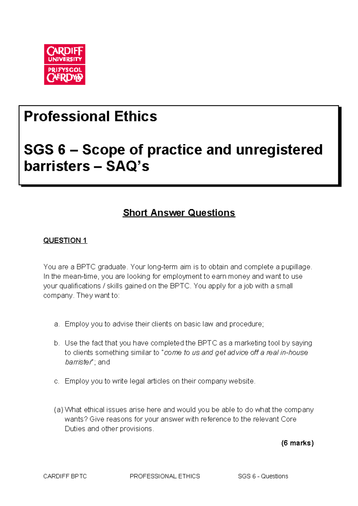 3. SAQ Questions only -Scope of practice and unregistered barristers ...