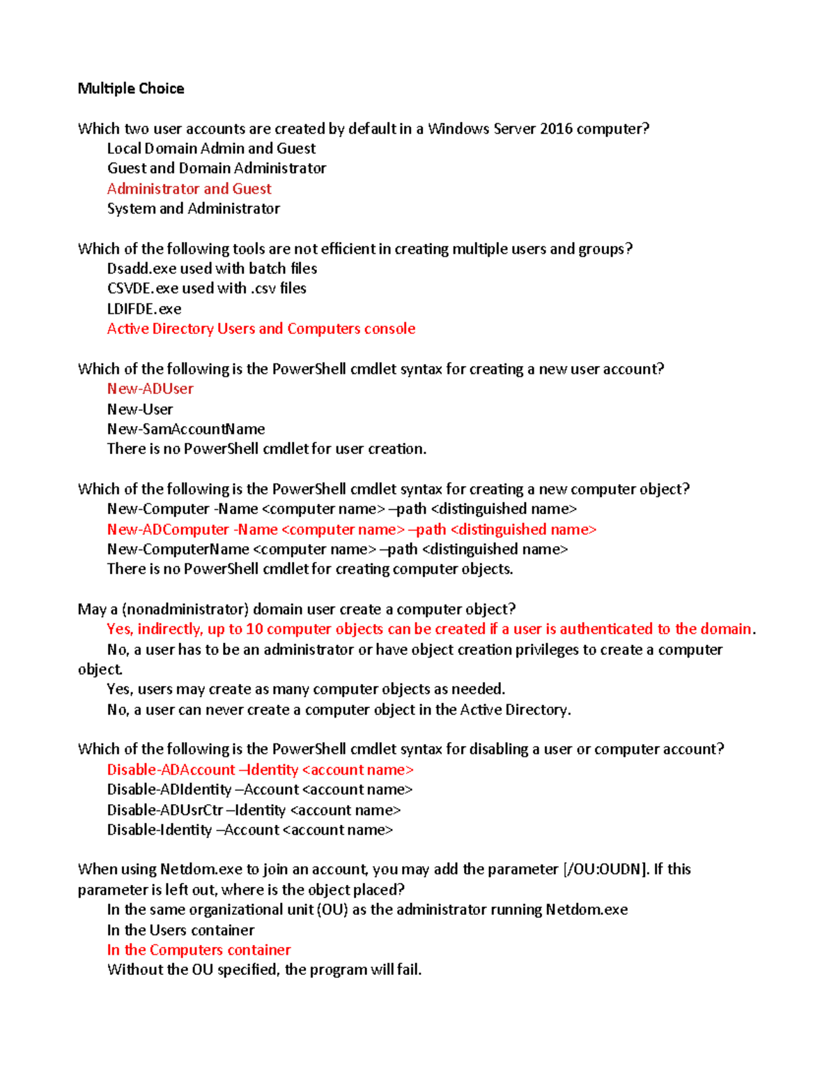 Ms Server 16 Ch Assignment And Answers Multiple Choice Which Two User Accounts Are Created