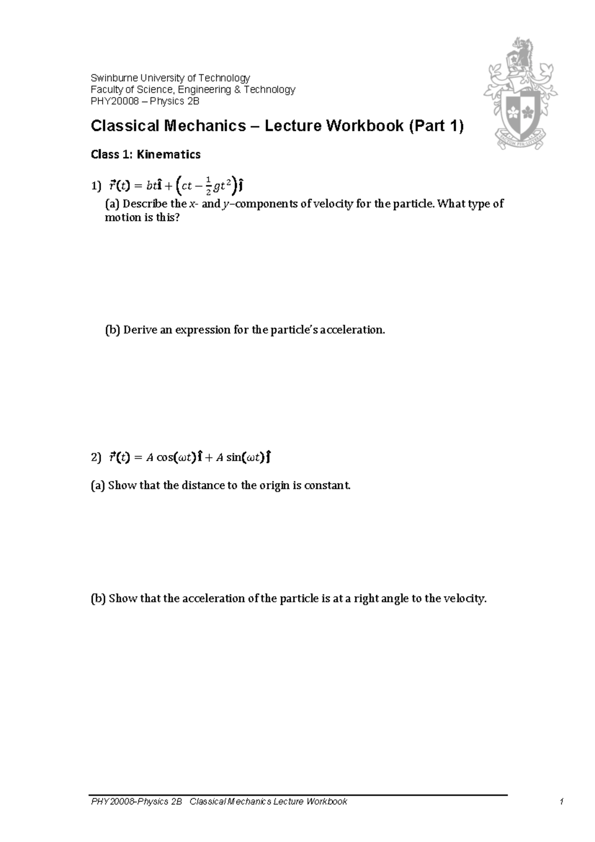 CM Lecture Workbook 2019 (Part 1) - Swinburne University of Technology Faculty of Science, - Studocu