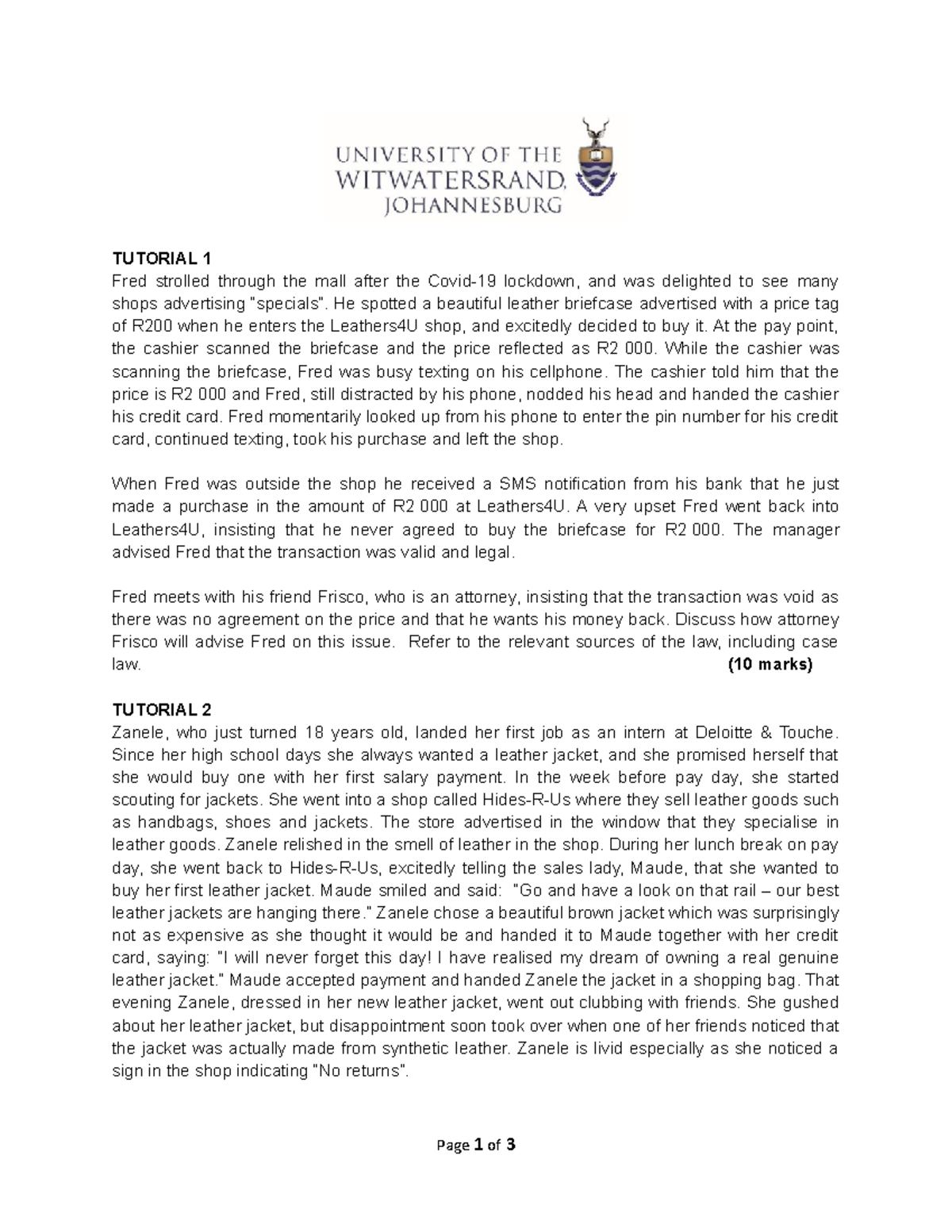 Topic 4 tutorials - THEY ARE BASED ON LAW CONTENT - TUTORIAL 1 Fred ...