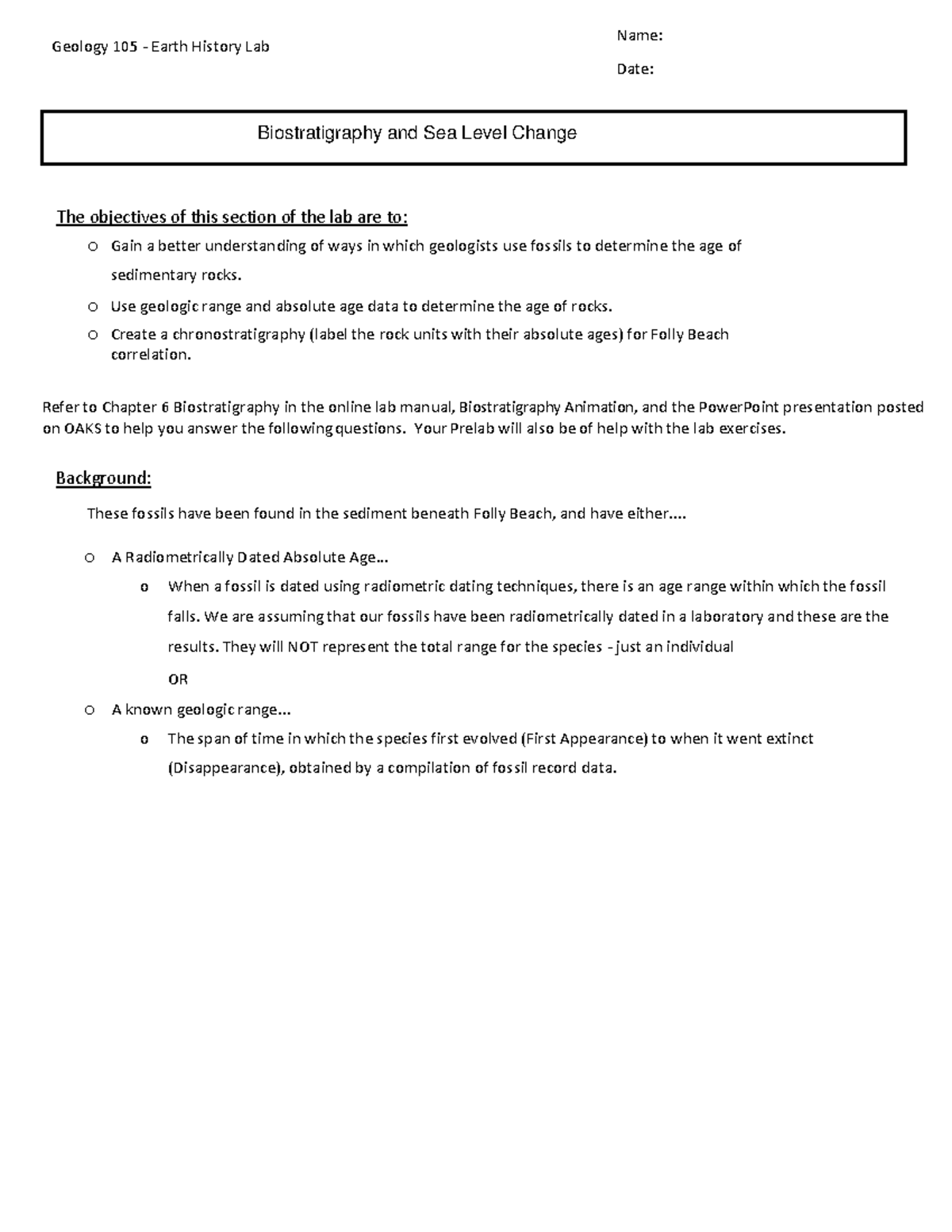 Biostratigraphy Exercises. F22 - Geology 105 - Earth History Lab Name ...
