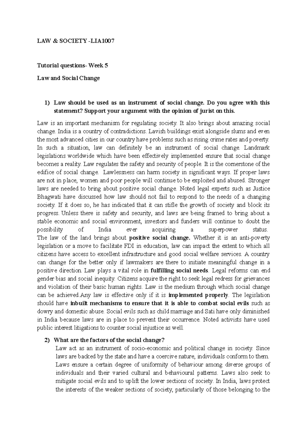 Week 5- Tutorial Question - LAW & SOCIETY -LIA Tutorial questions- Week ...