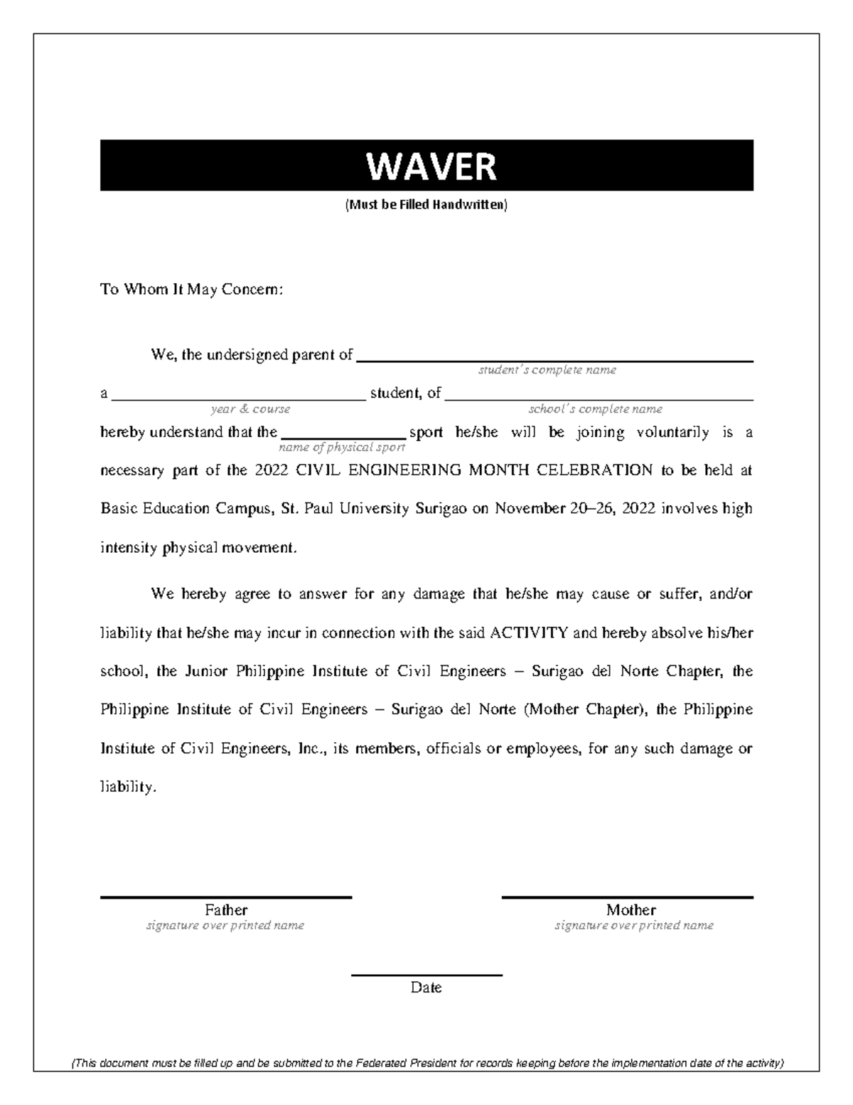 Waver Form for 2022 CE Month - WAVER (Must be Filled Handwritten) To ...