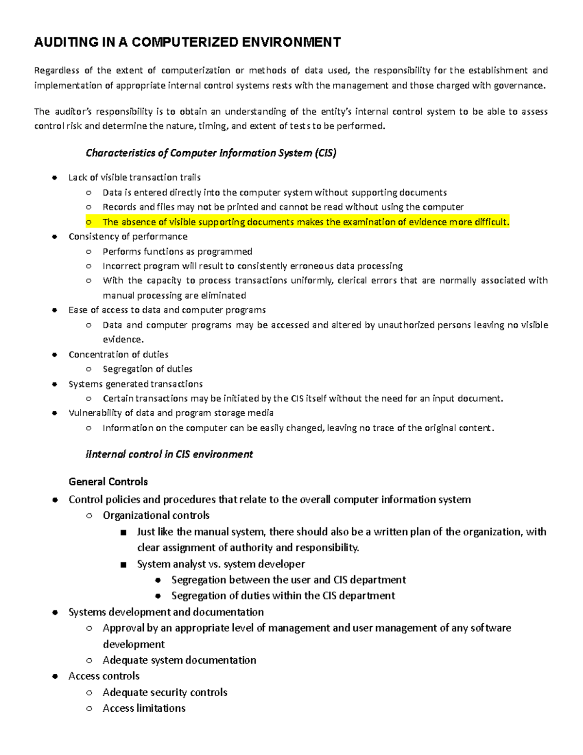 Audit in CIS Environment - AUDITING IN A COMPUTERIZED ENVIRONMENT Regardless of the extent of ...