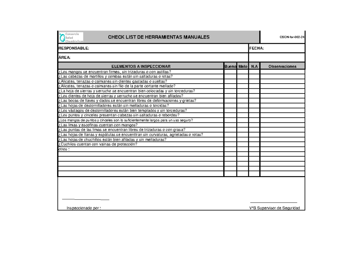 Check List de Herramientas Manuales - Bueno Malo N otros ...