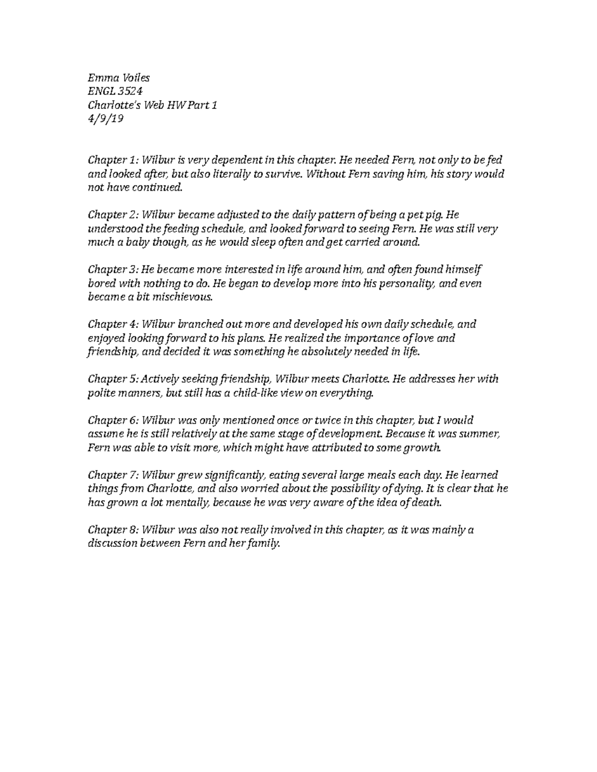 Charlotte web part 1 - Wemhoener - Emma Voiles ENGL 3524 Charlotte’s ...