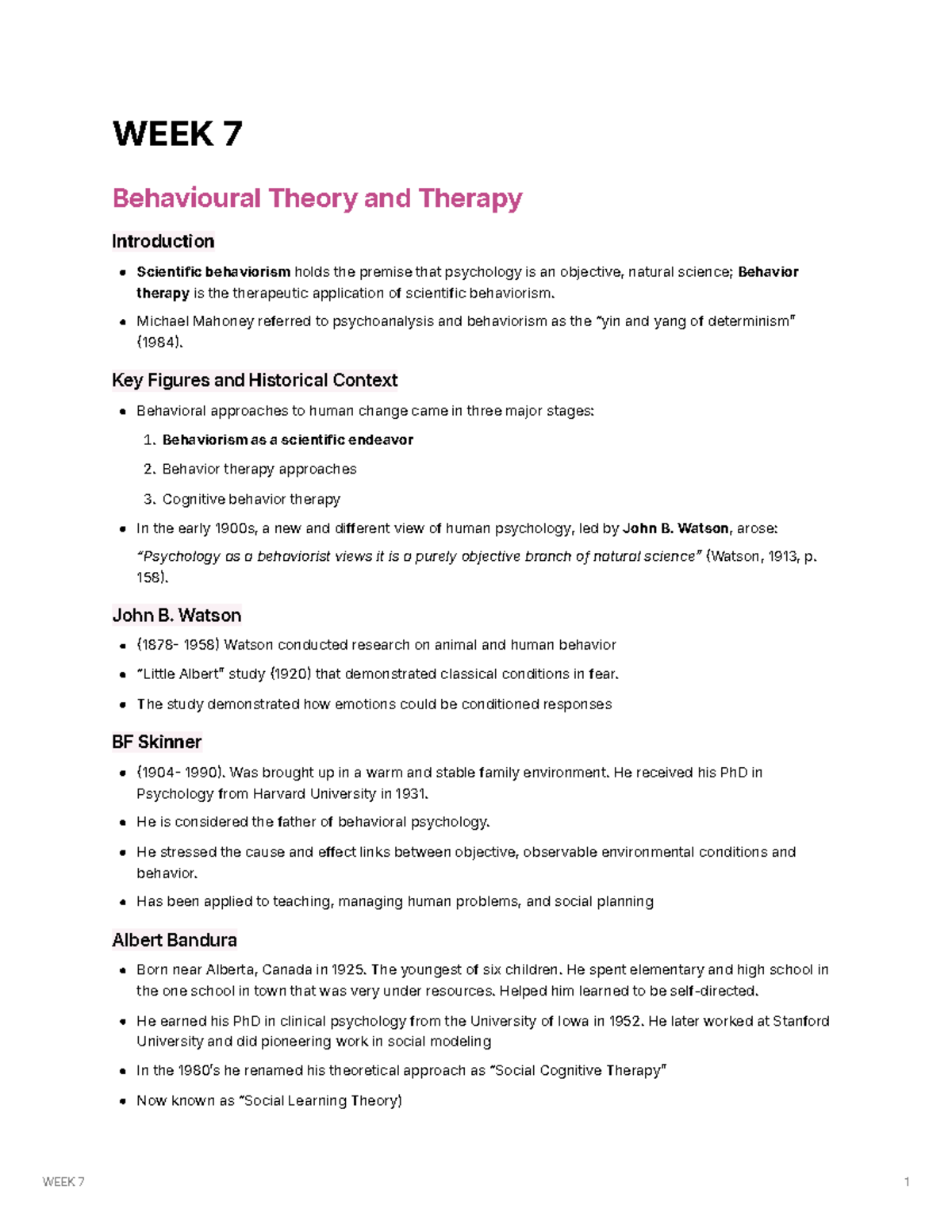 WEEK 7 lec notes - WEEK 7 Behavioural Theory and Therapy Introduction ...
