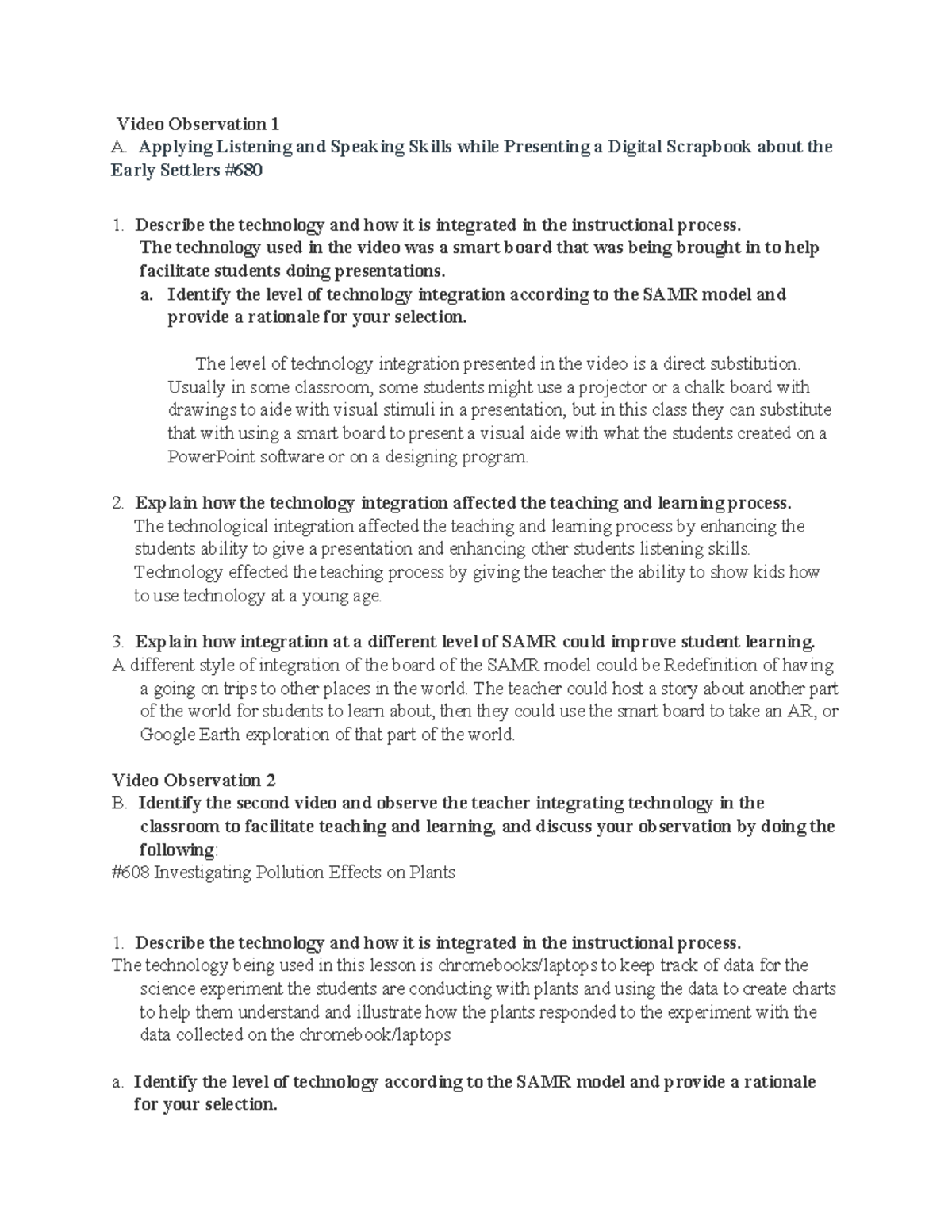 Tech in Ed Task 2 - Passed first attempt - Video Observation 1 A ...