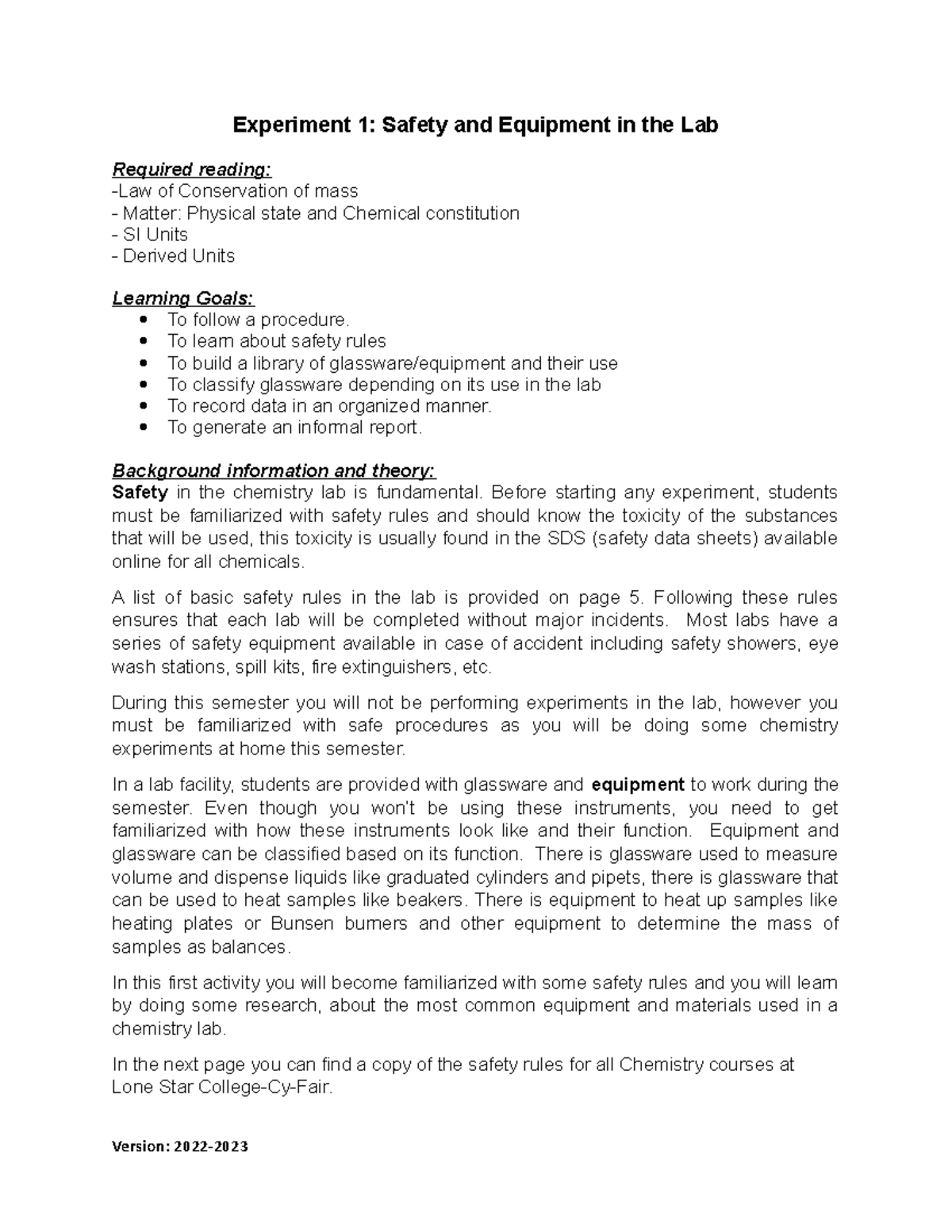 Experiment 1-Safety and Equipment in the Lab 2022-2023 - Experiment 1 ...