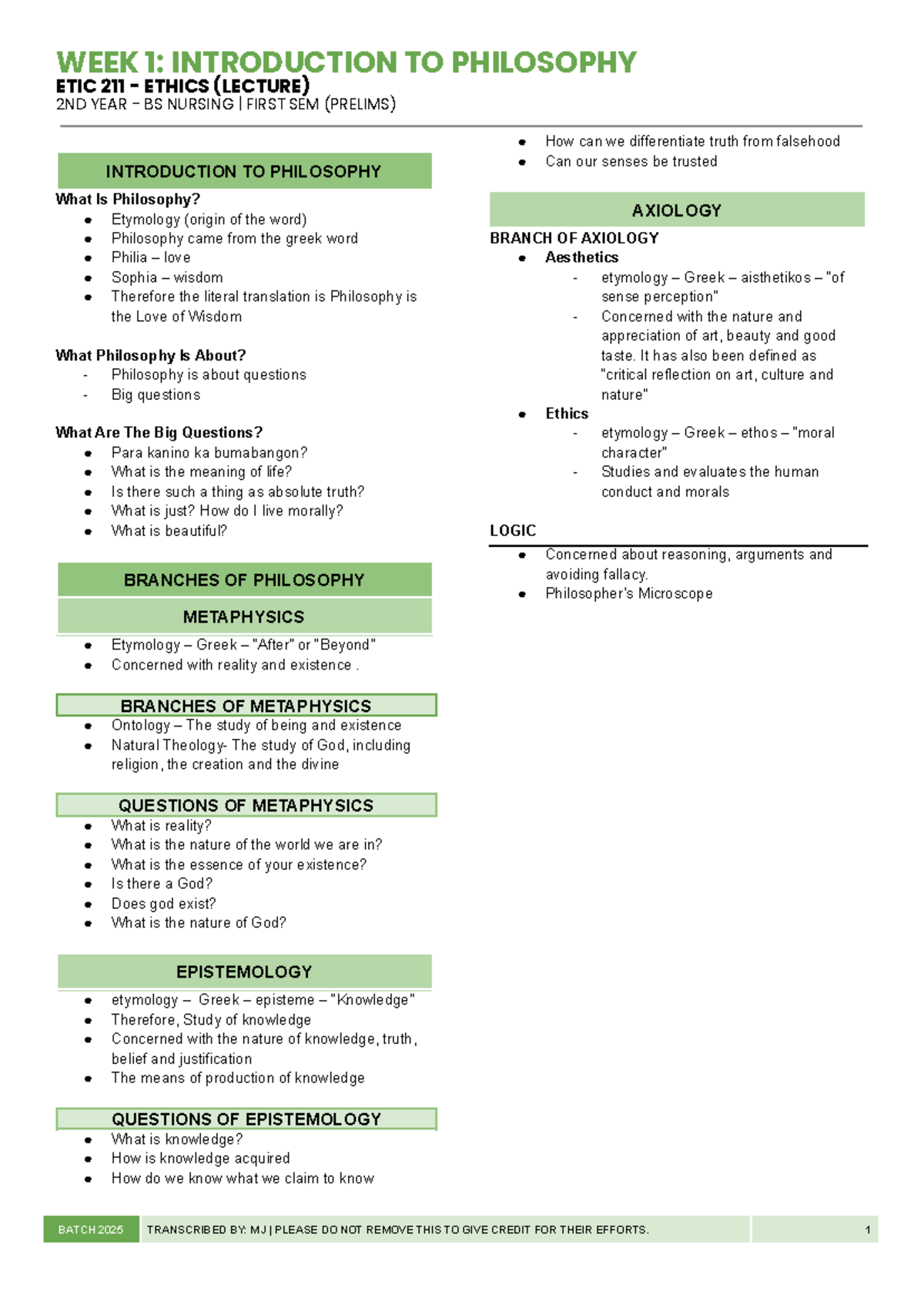 WEEK 1 Introduction TO Philosophy - WEEK 1: INTRODUCTION TO PHILOSOPHY ETIC 211 - ETHICS ...