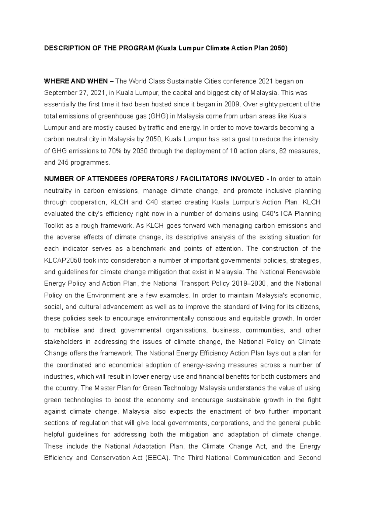 PAD350 Description OF THE Program (Kuala Lumpur Climate Action Plan ...