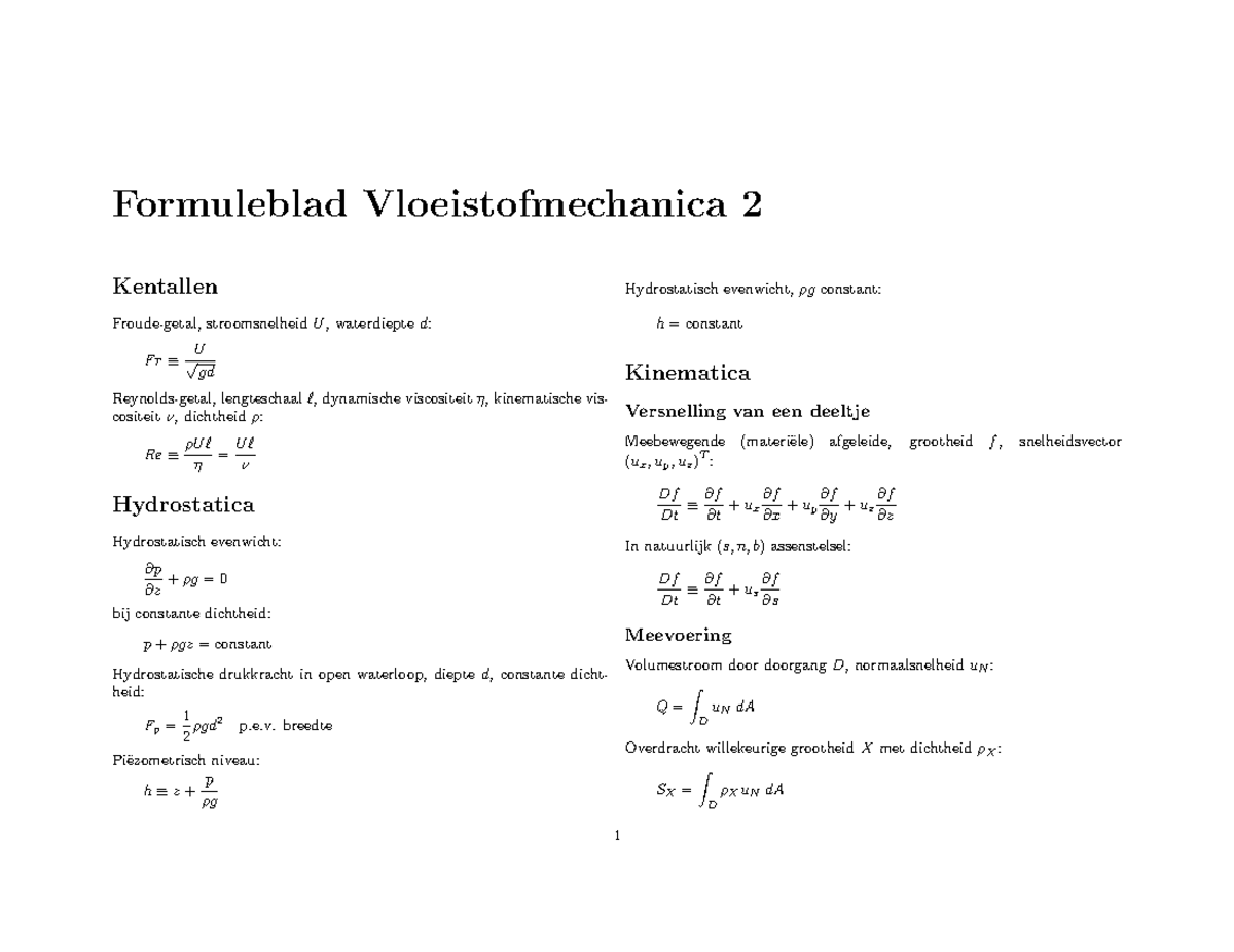 Vloeistofmechanica: Formuleblad - Formuleblad Vloeistofmechanica 2 ...