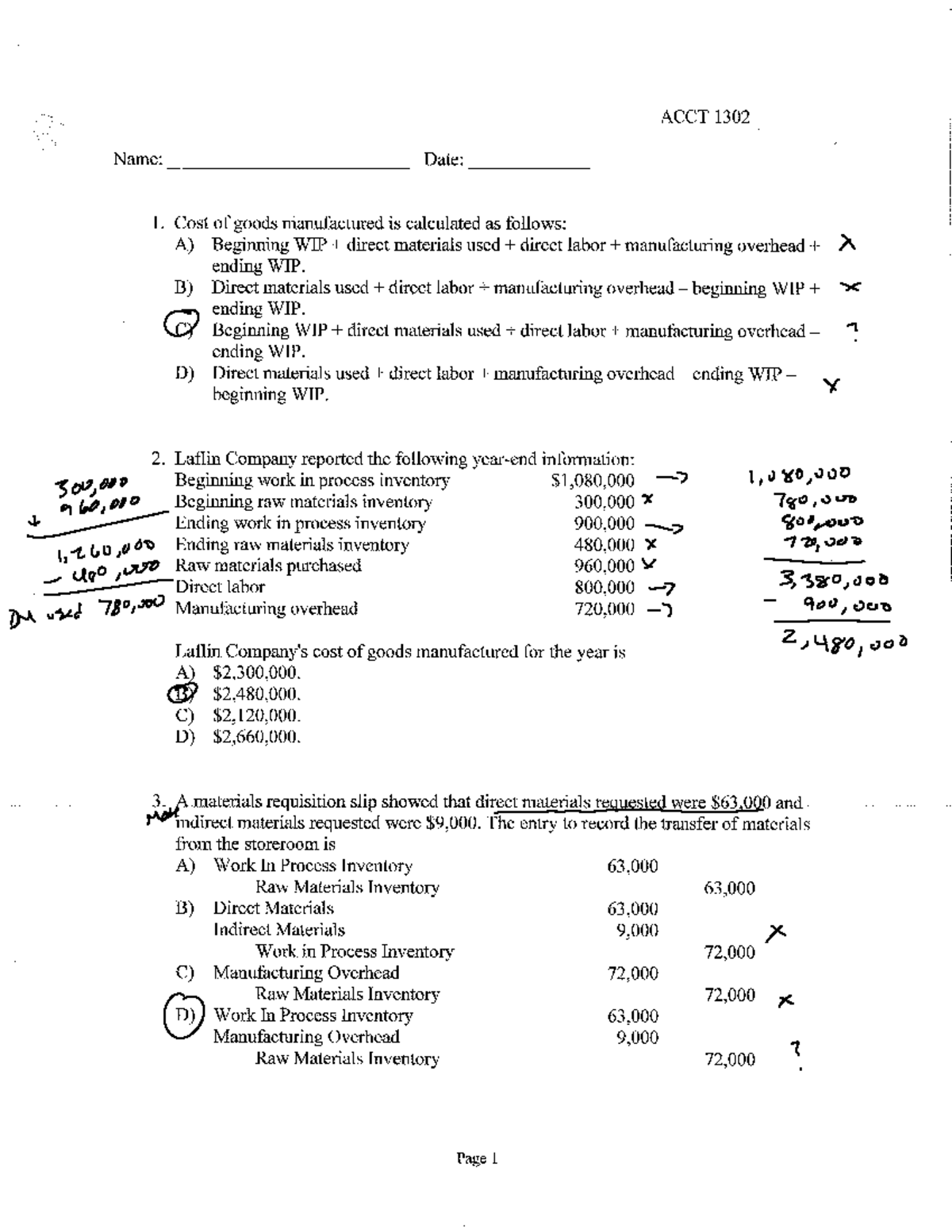 Exam 1 practice answer key, information for the test - ACCT 1302 Name ...