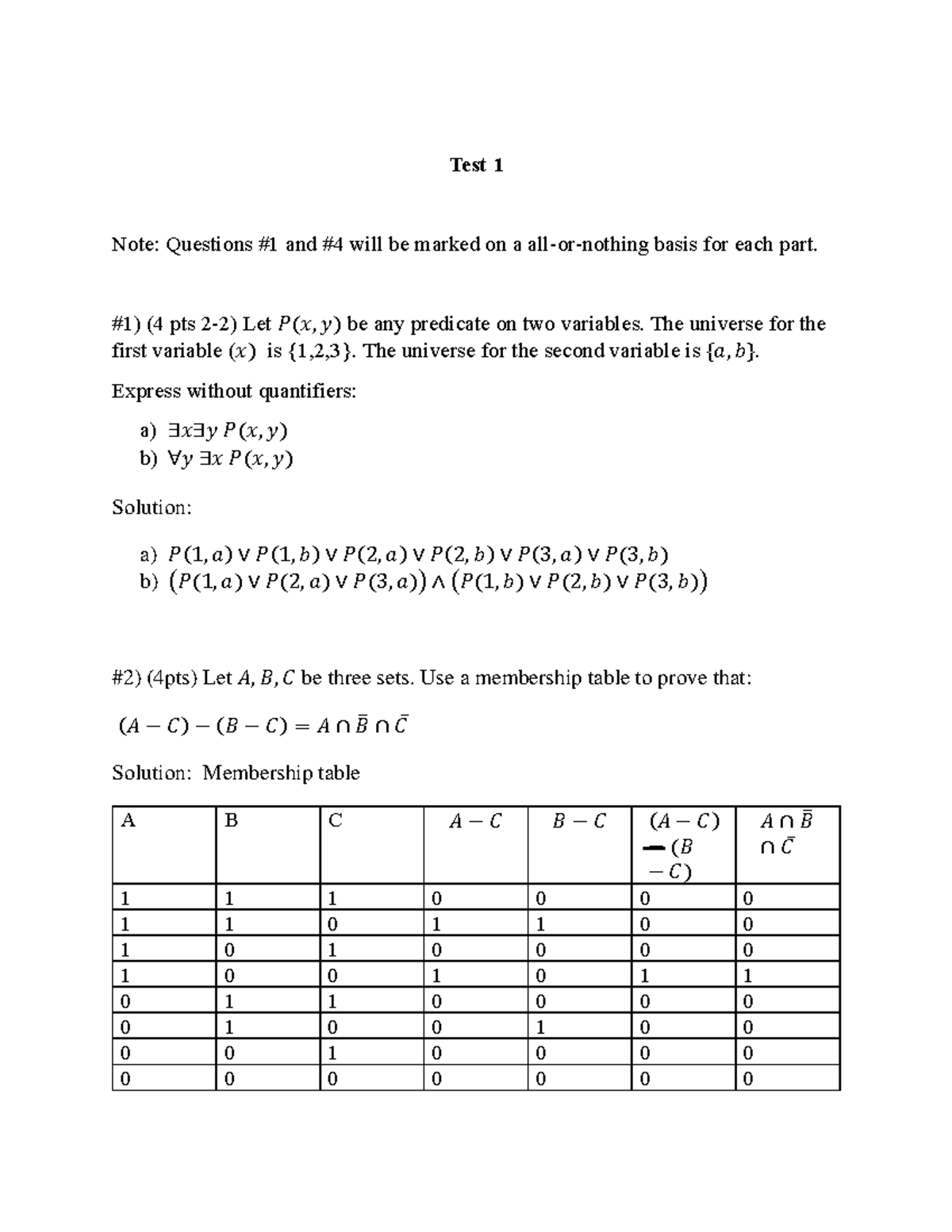 Test1 solutions - Test 1 Note: Questions #1 and #4 will be marked on a ...