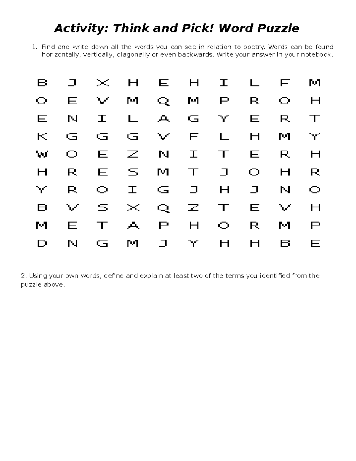 Word Puzzle Week 1 - English - Activity: Think and Pick! Word Puzzle 1 ...