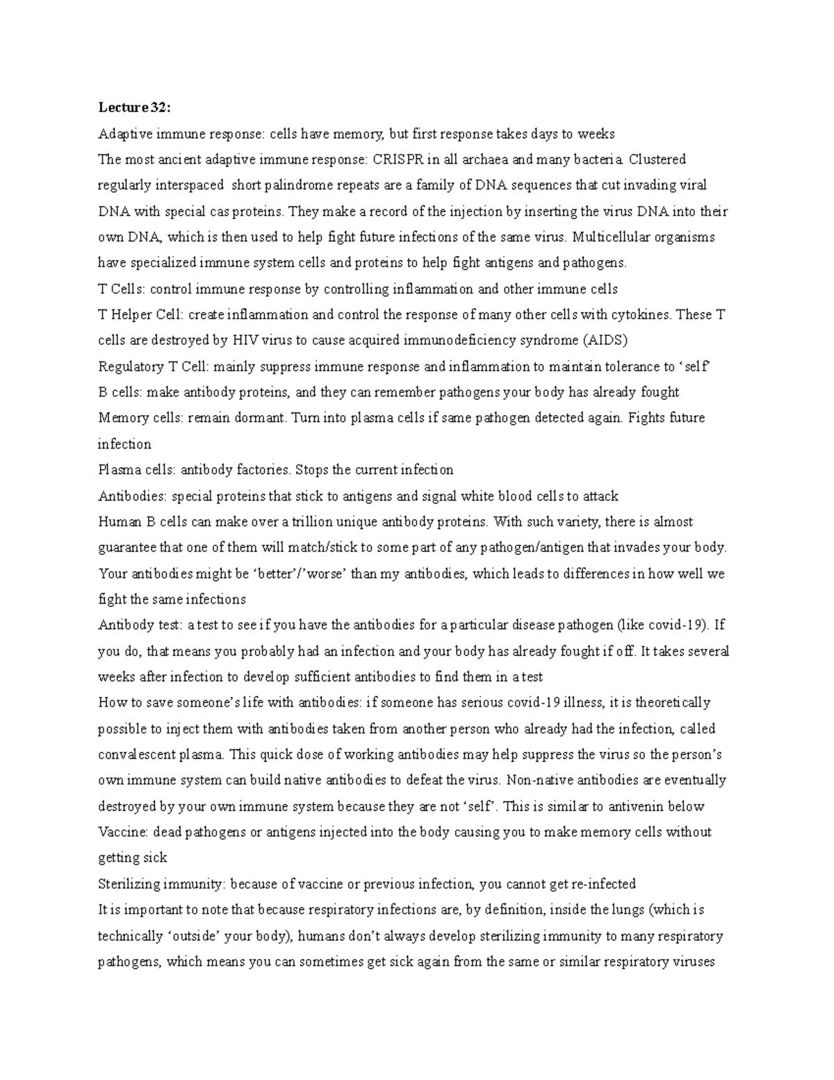 Biology 1102, Lecture 32 - Lecture 32: Adaptive immune response: cells have memory, but first ...