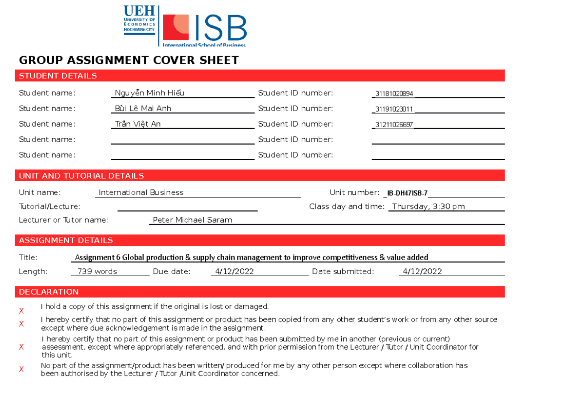 IB- Assignment 6 - GROUP ASSIGNMENT COVER SHEET STUDENT DETAILS Student ...