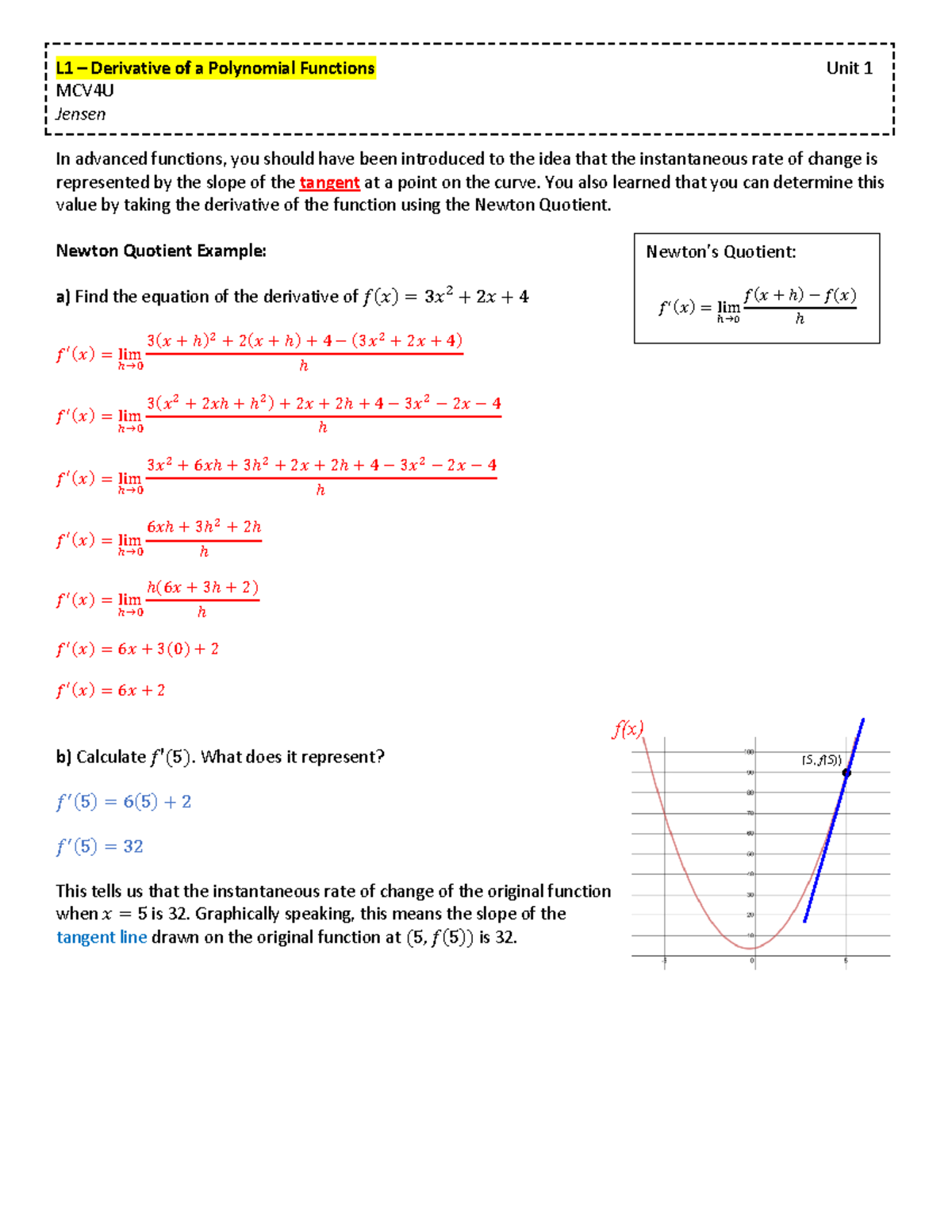 L1t+-+Derivative+of+Polynomial+Functions - L1 – Derivative of a Polynomial Functions Unit 1 ...