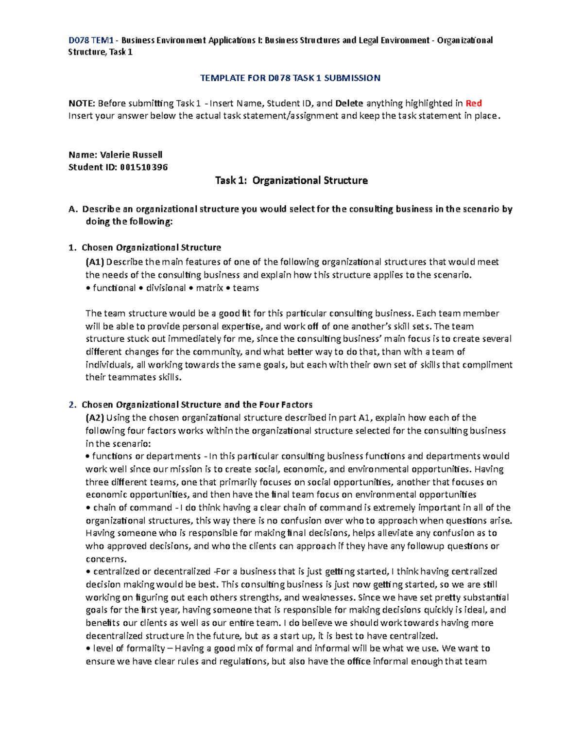 D078 Task 1 Template - Example of task one for this class. I gave all ...