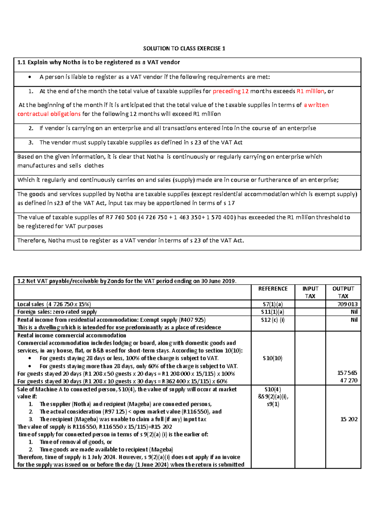 Solution VAT exercise - SOLUTION TO CLASS EXERCISE 1 1 Explain why ...