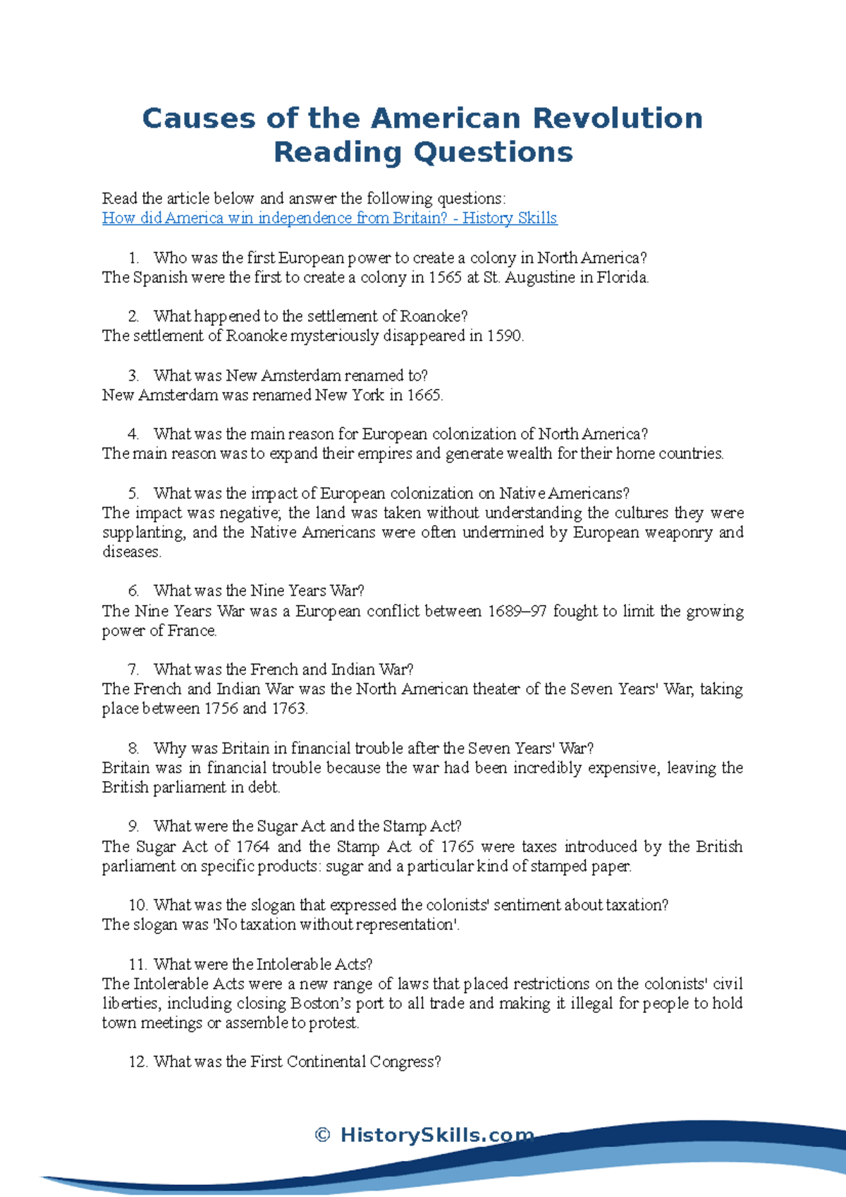 Causes of the American Revolution Reading Questions - Augustine in ...