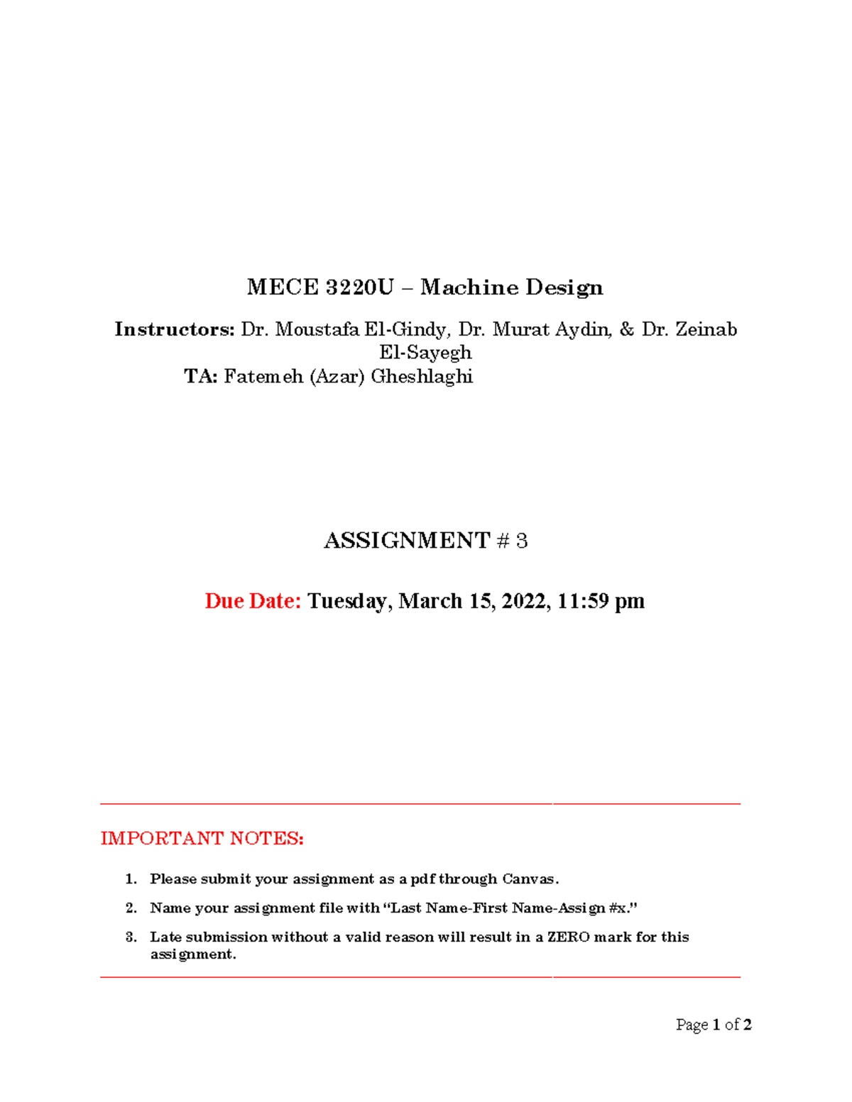 Machine Design Assignment 3 Question and solution - Page 1 of 2 MECE 3220U ² Machine Design ...