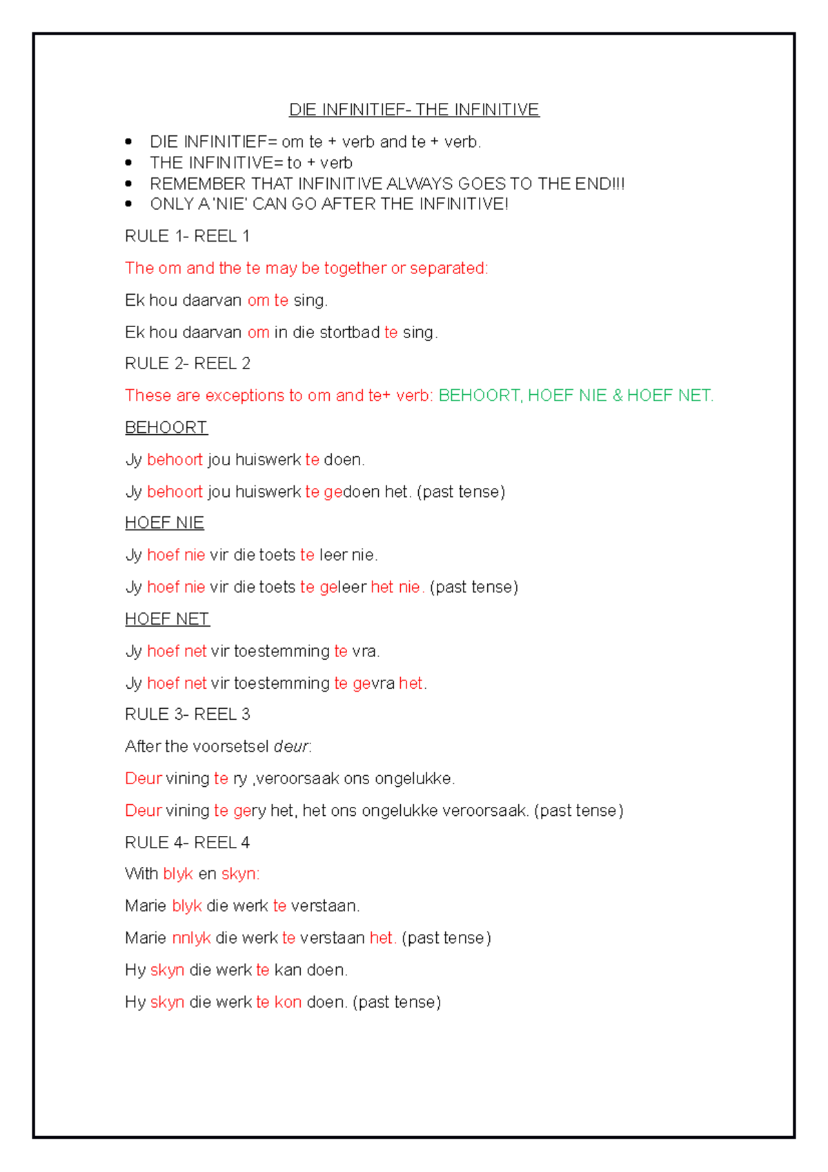 DIE Infinitief - Rules on how to approach infinitive. - DIE INFINITIEF ...