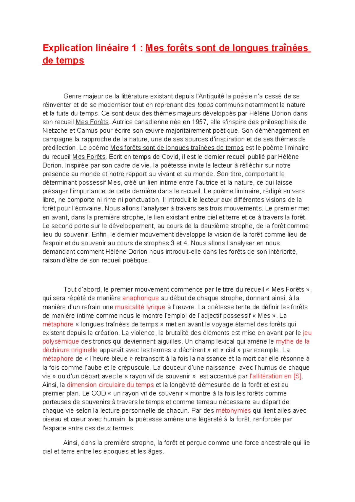Explication lin Ã©aire 1 - Explication linéaire 1 : Mes forêts sont de longues traînées de temps ...