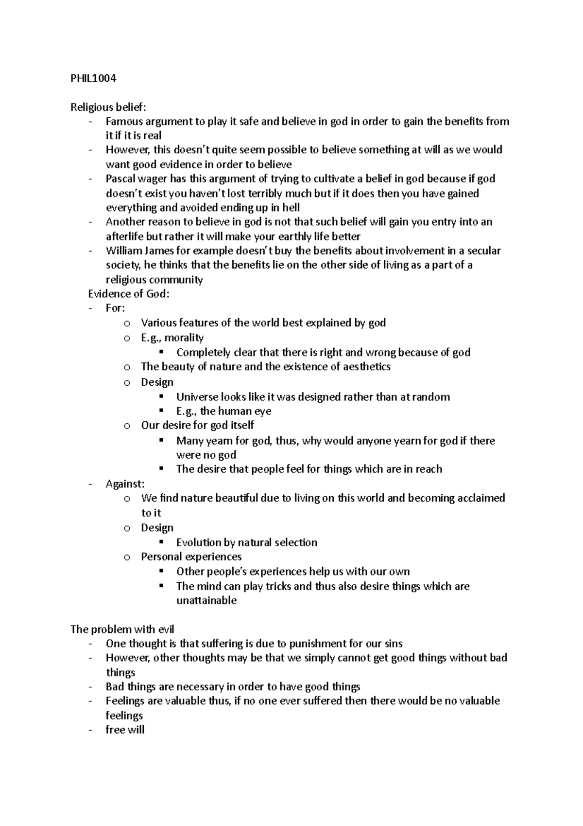 Religious Belief: Pascal's Wager and Evidence of God - Studocu